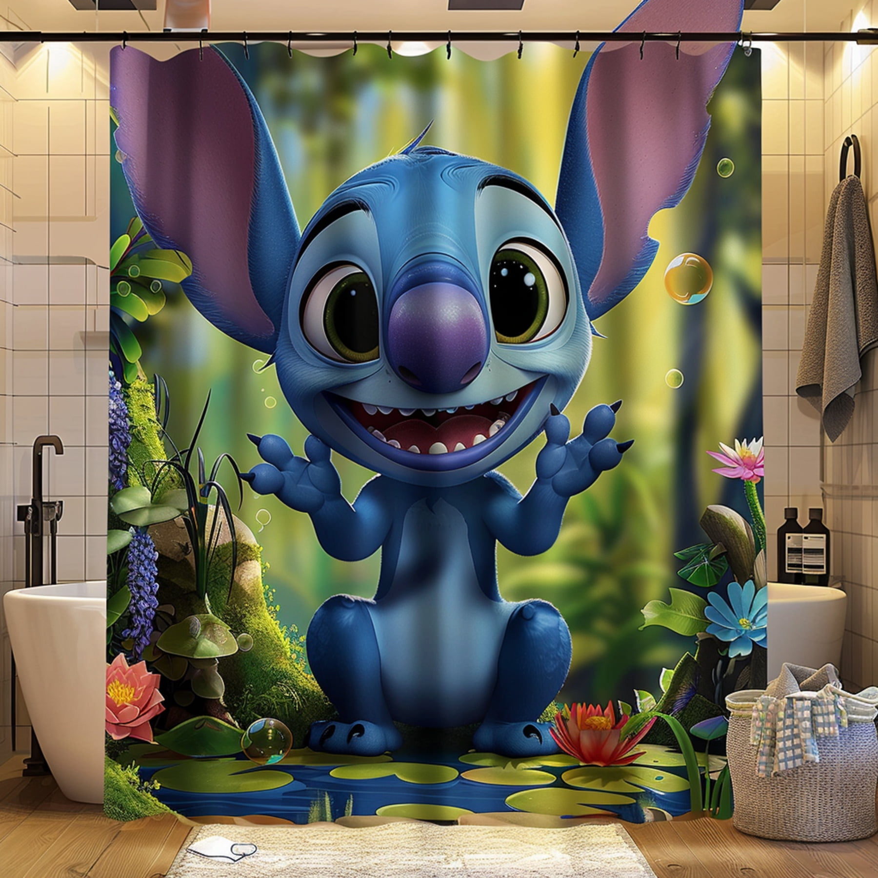 Jungle Shower Curtain Cute Blue Alien Cartoon Characters Detailed ...