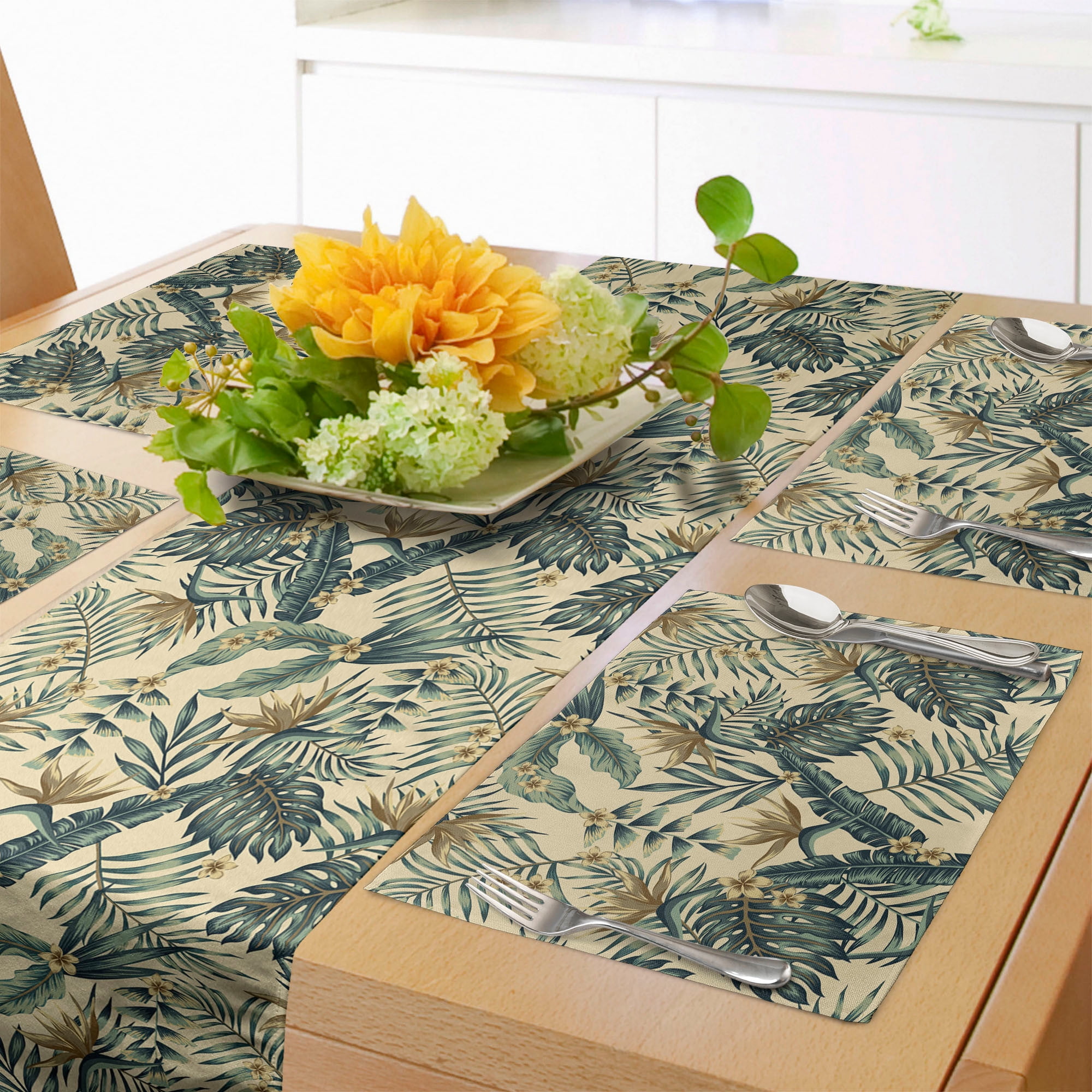 Jungle Table Runner & Placemats, Exotic Foliage Plants Hibiscus in ...