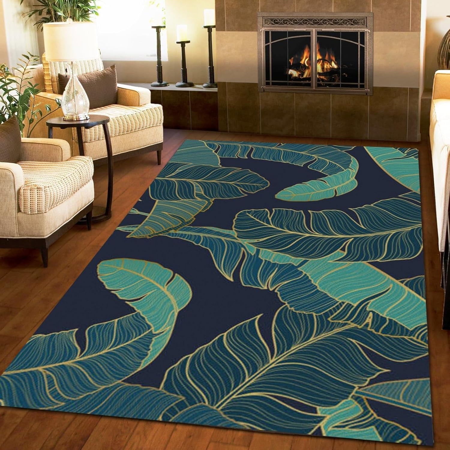 Jungle Theme Area Rug, Tropical Plant Green Banana Leaf Print, Anti ...