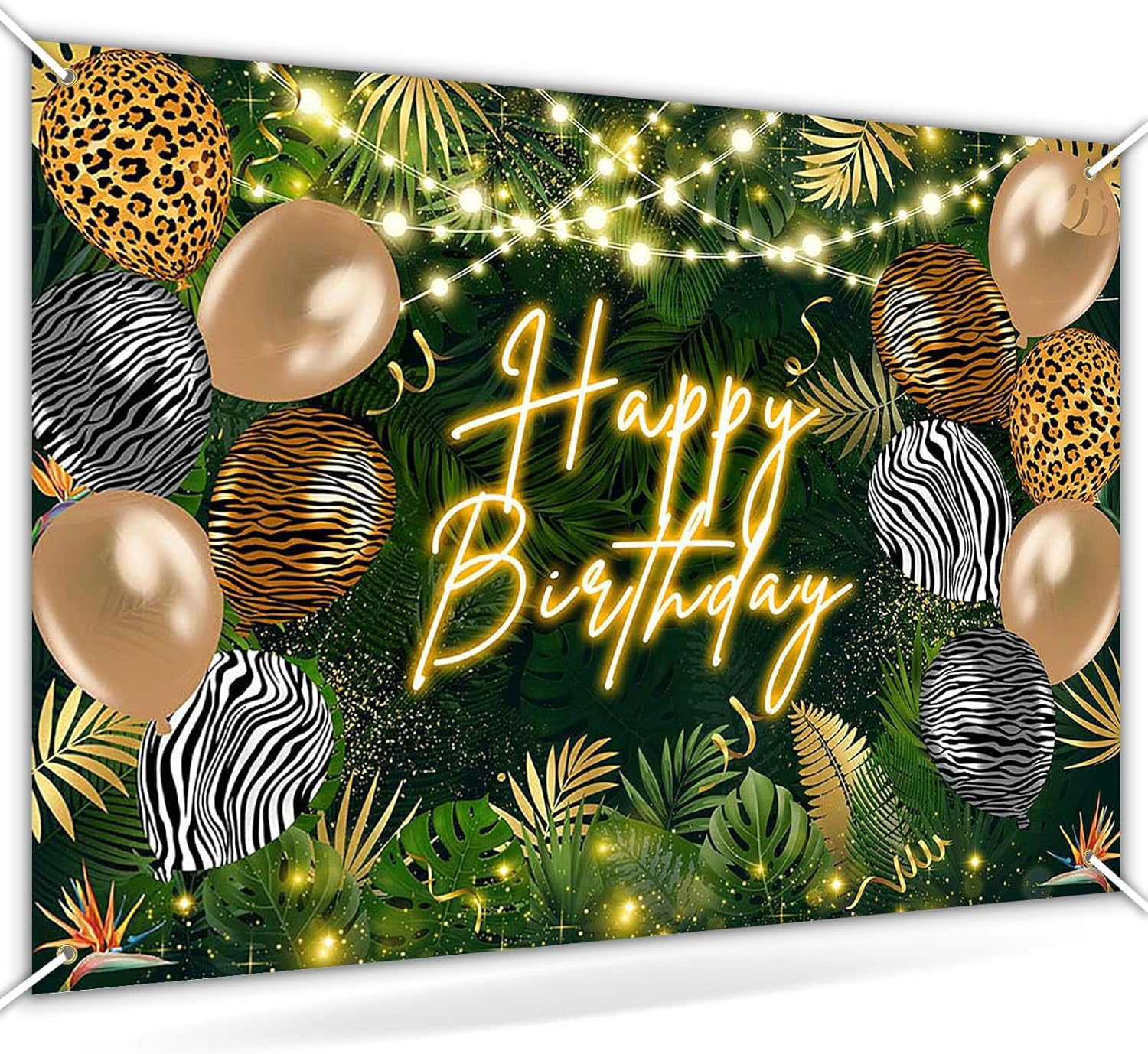 Jungle Theme Birthday Backdrop Tropical Green Leaves Happy Birthday ...