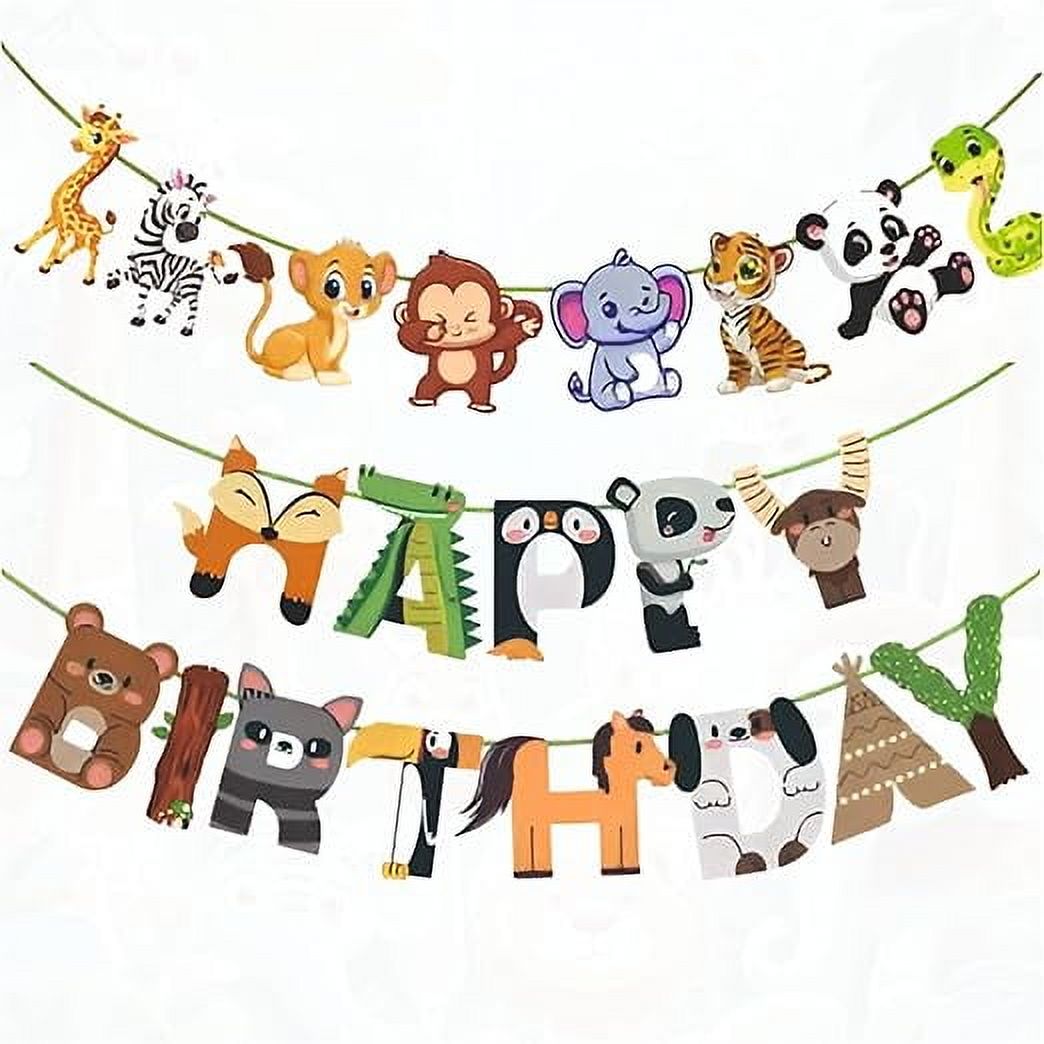 Jungle Theme Happy Birthday Banner with 8 Pcs of Animal Cutouts for ...