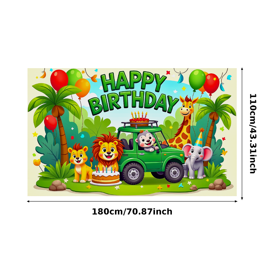 Jungle Themed Happy Birthday Backdrop Banner with Cartoon Animals ...
