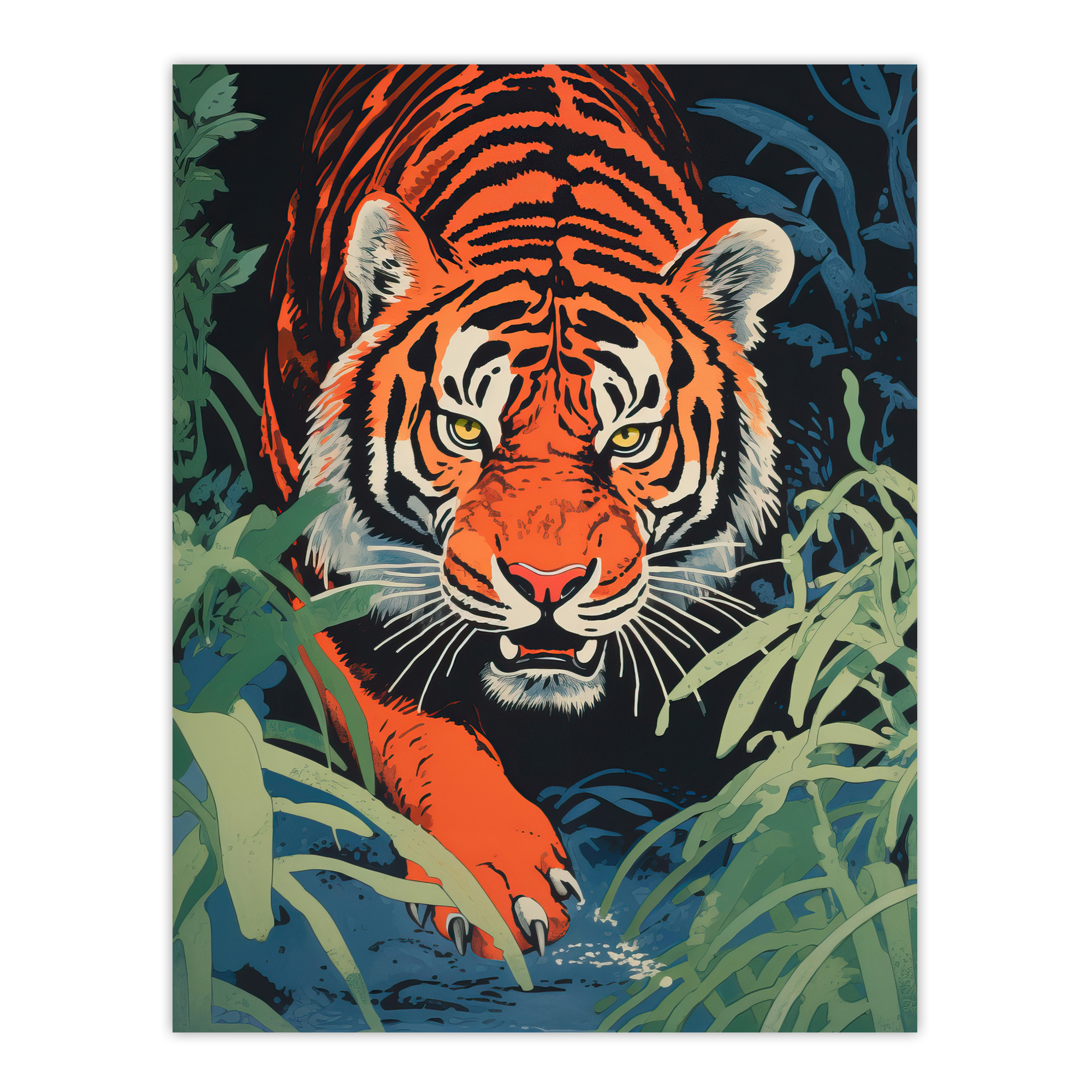 Jungle Tiger Prowling Stalking Pouncing Animal Nature Artwork Painting ...