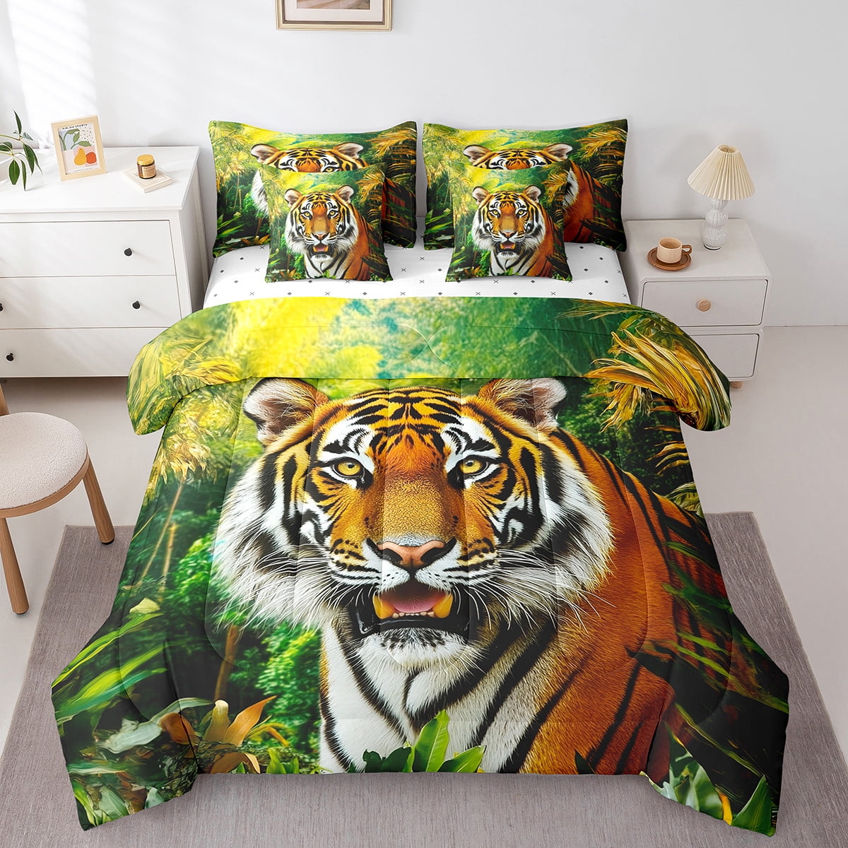 Jungle Tiger Queen Bed In A Bag 7 Piece 3D Tiger Comforter Set With ...