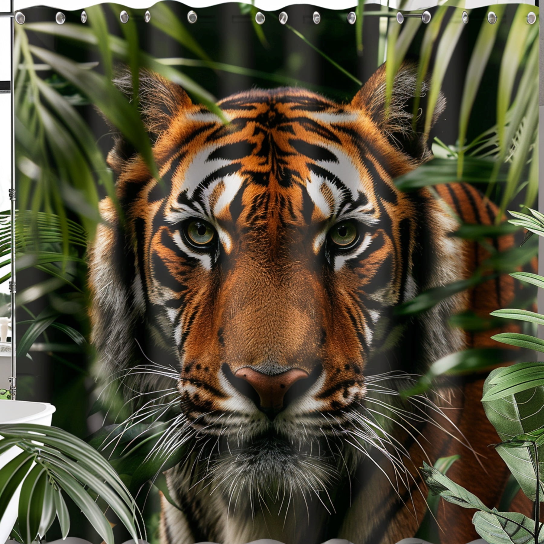 Jungle Tiger and Green Plants Ultra Realistic Shower Curtain f/20mm ...
