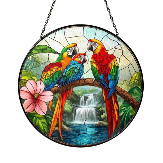 Jungle Waterfall Parrot Scene Suncatcher Window Hanging, Colorful ...