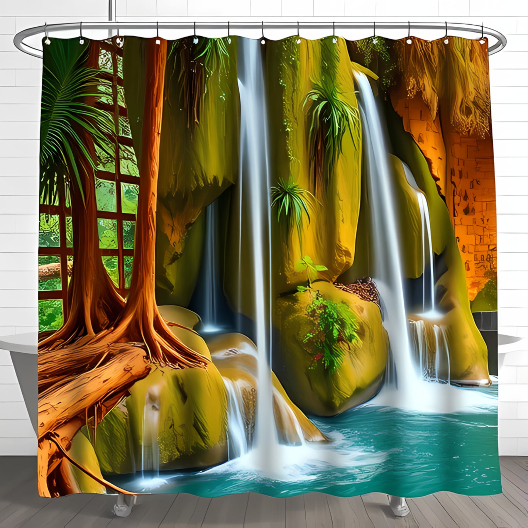 Jungle Waterfall Shower Curtain - Tropical with Ancient Trees & Serene Pool - Walmart.com