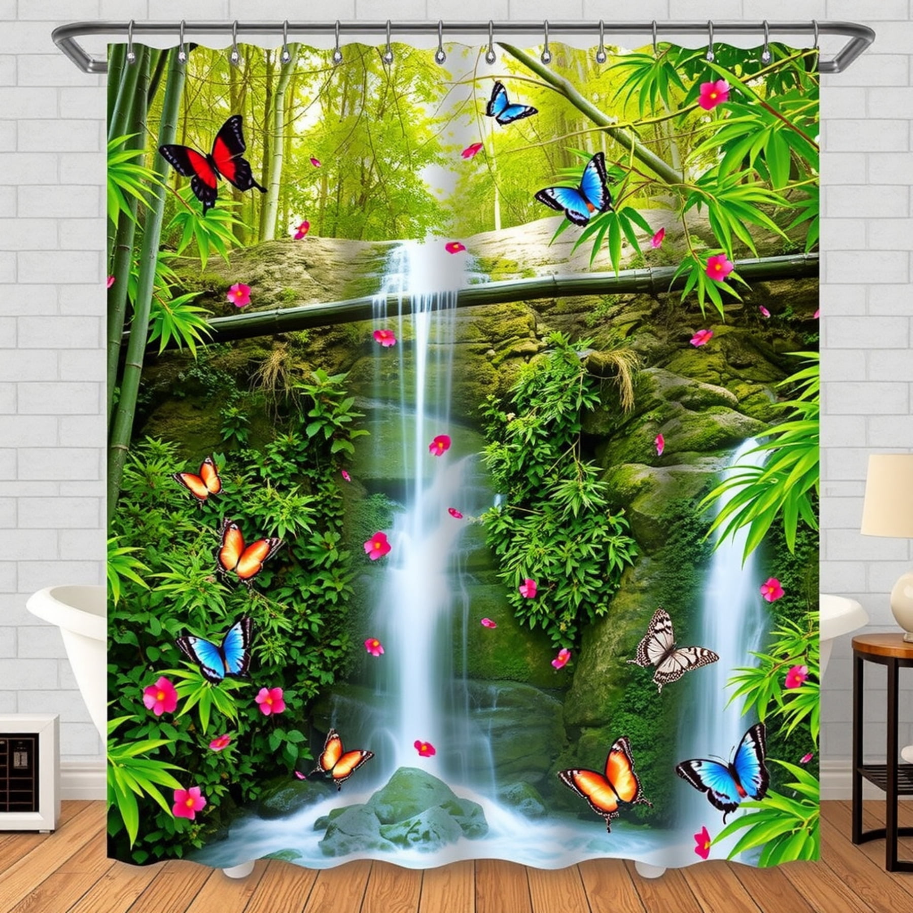 Jungle Waterfall Shower Curtain - Vibrant Greenery & Butterflies ...