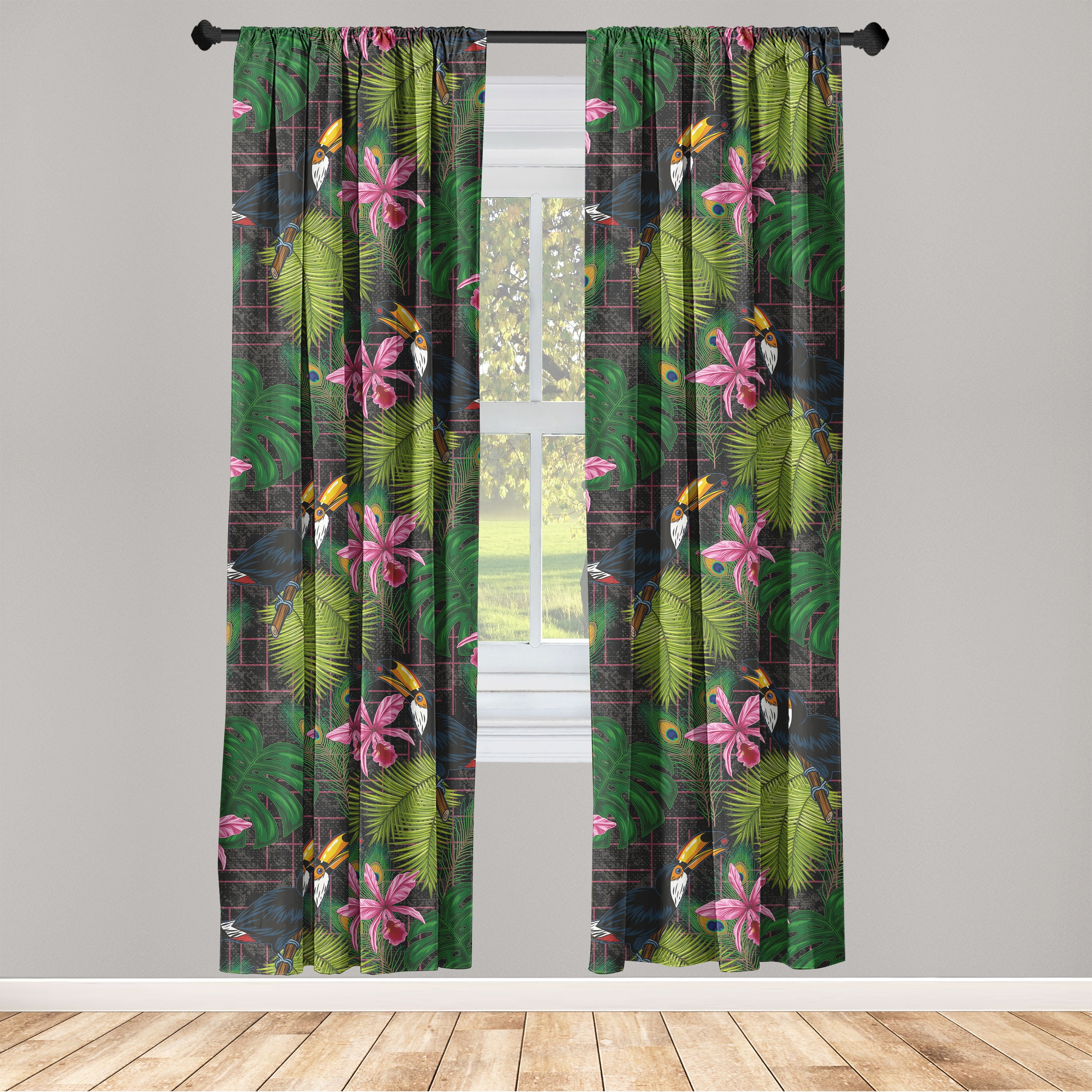 Jungle Window Curtains, Toucans Palms Monsteras and Peacock Feathers on ...