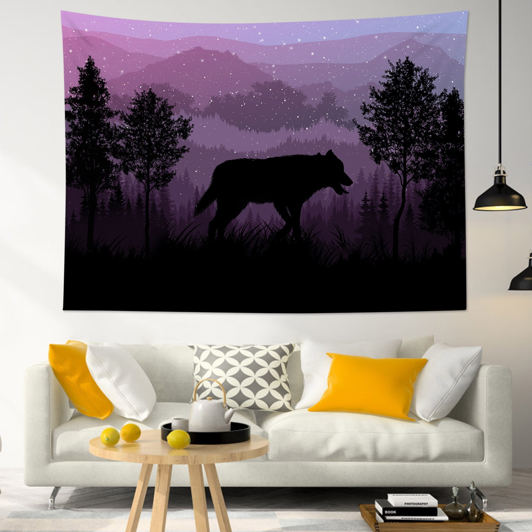 Jungle and Wolf Tapestry Wall Hanging Purple Starry Sky and Night ...