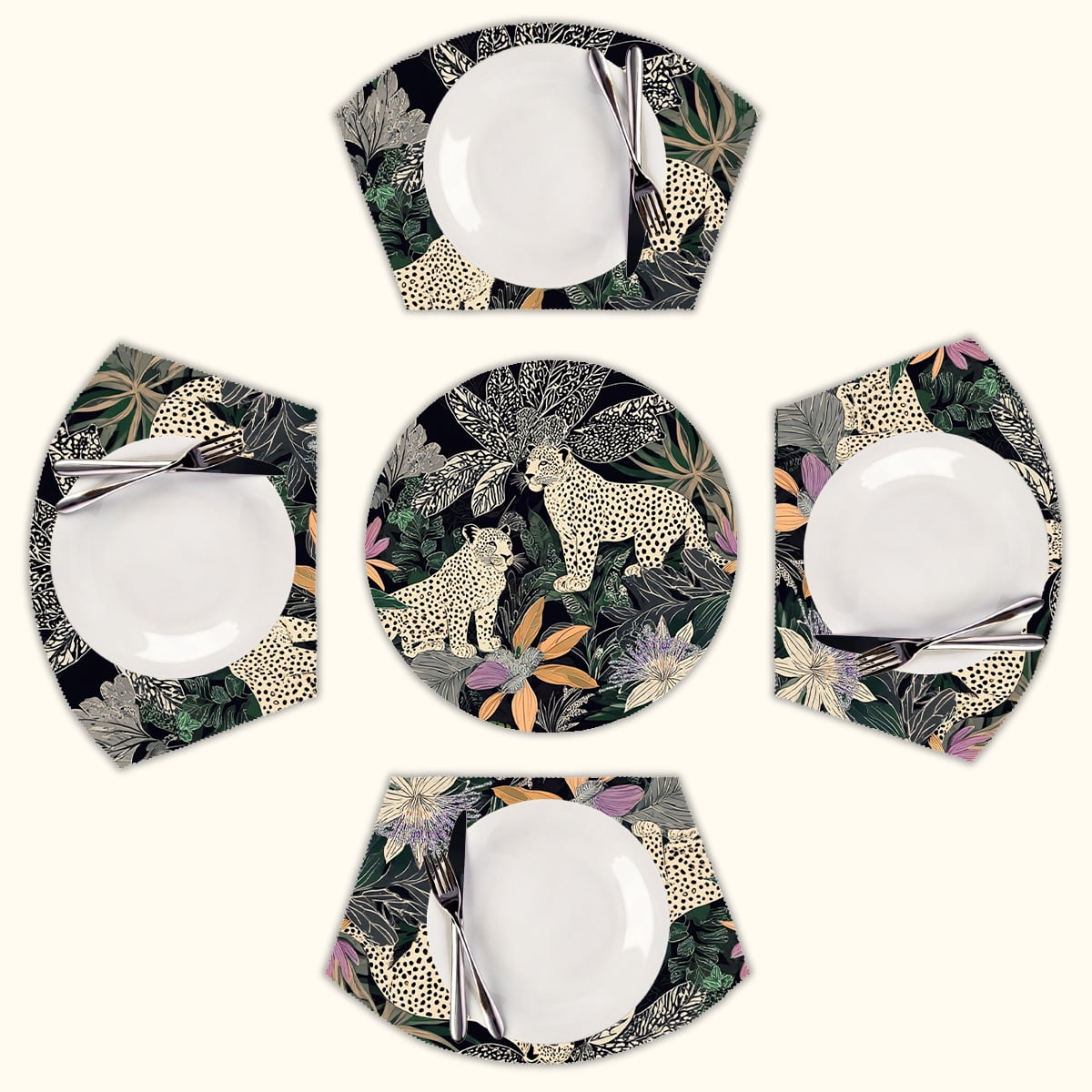 Jungle leopards tropical leaves Round Table Placemats Set Of 5 Wedge ...