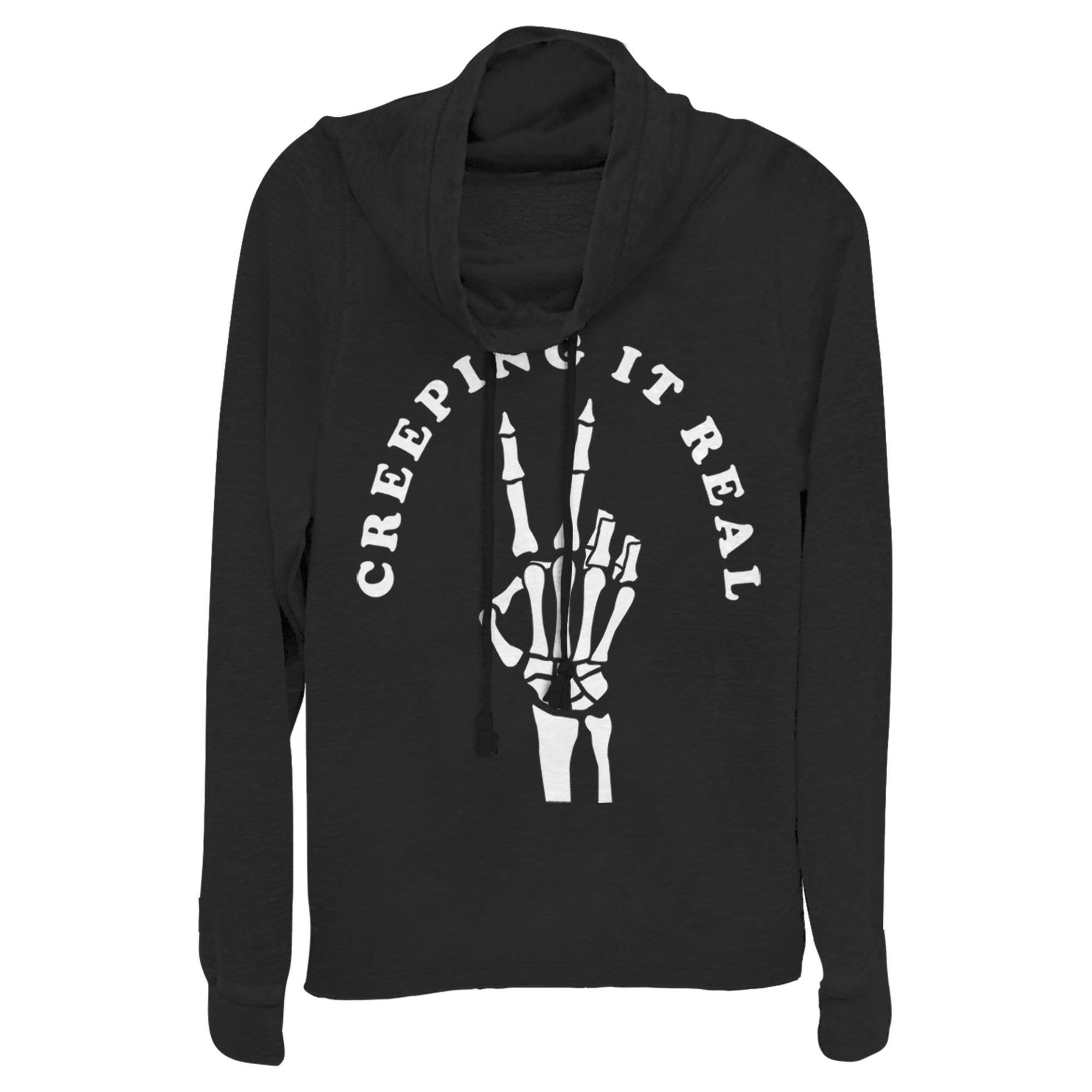 Junior's CHIN UP Halloween Creepin' Real Skeleton Cowl Neck Sweatshirt ...