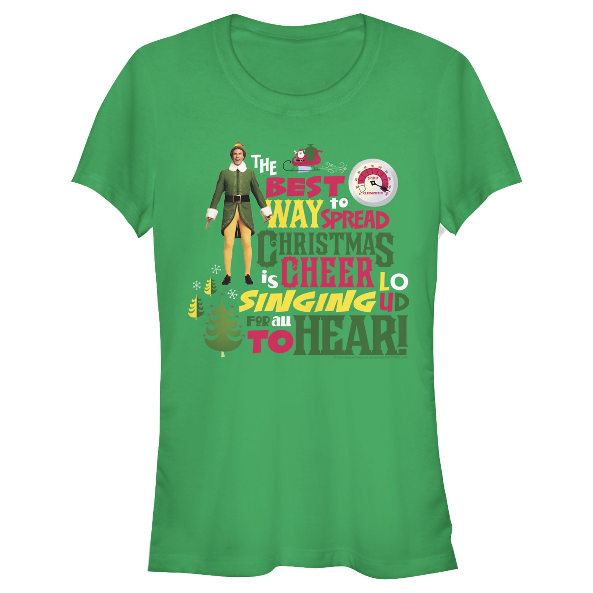 Junior's Elf Christmas Cheer Loud Singing Graphic Tee Kelly Green ...