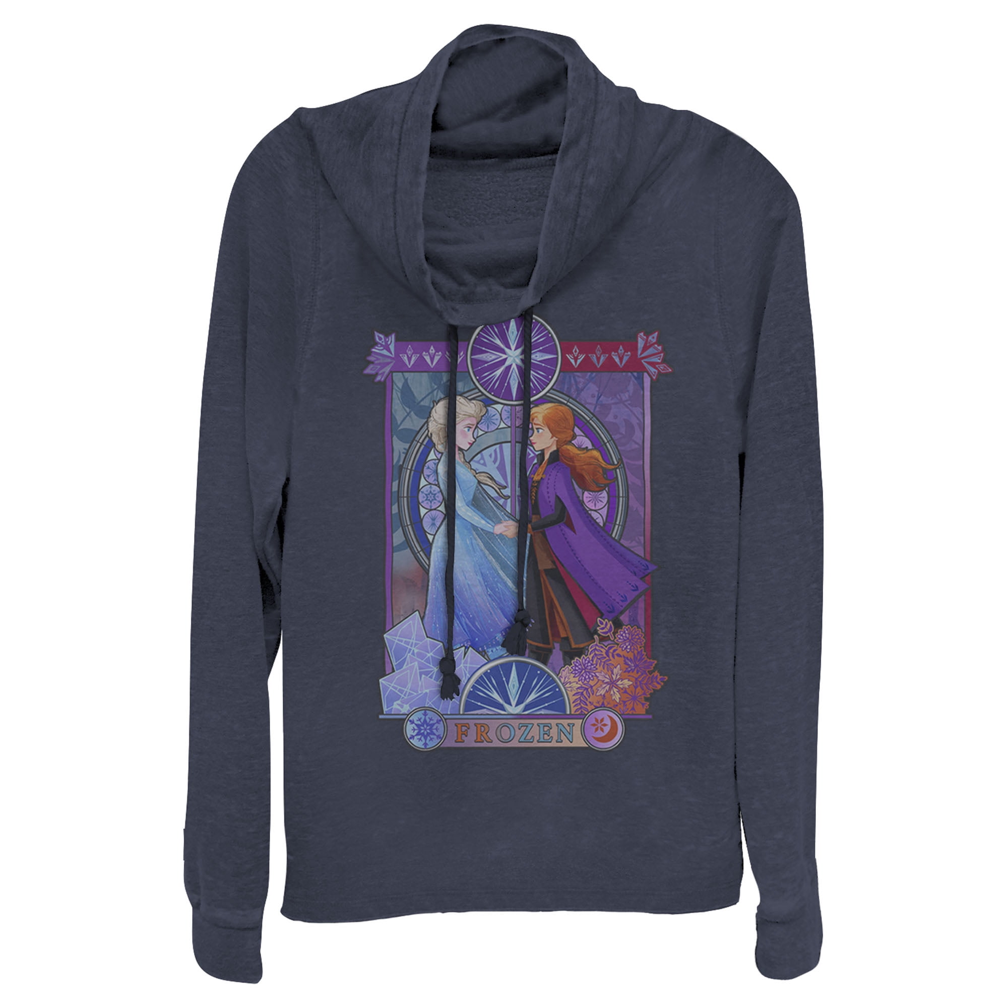 Junior's Frozen 2 Sister Stained Glass Cowl Neck Sweatshirt Navy Blue ...