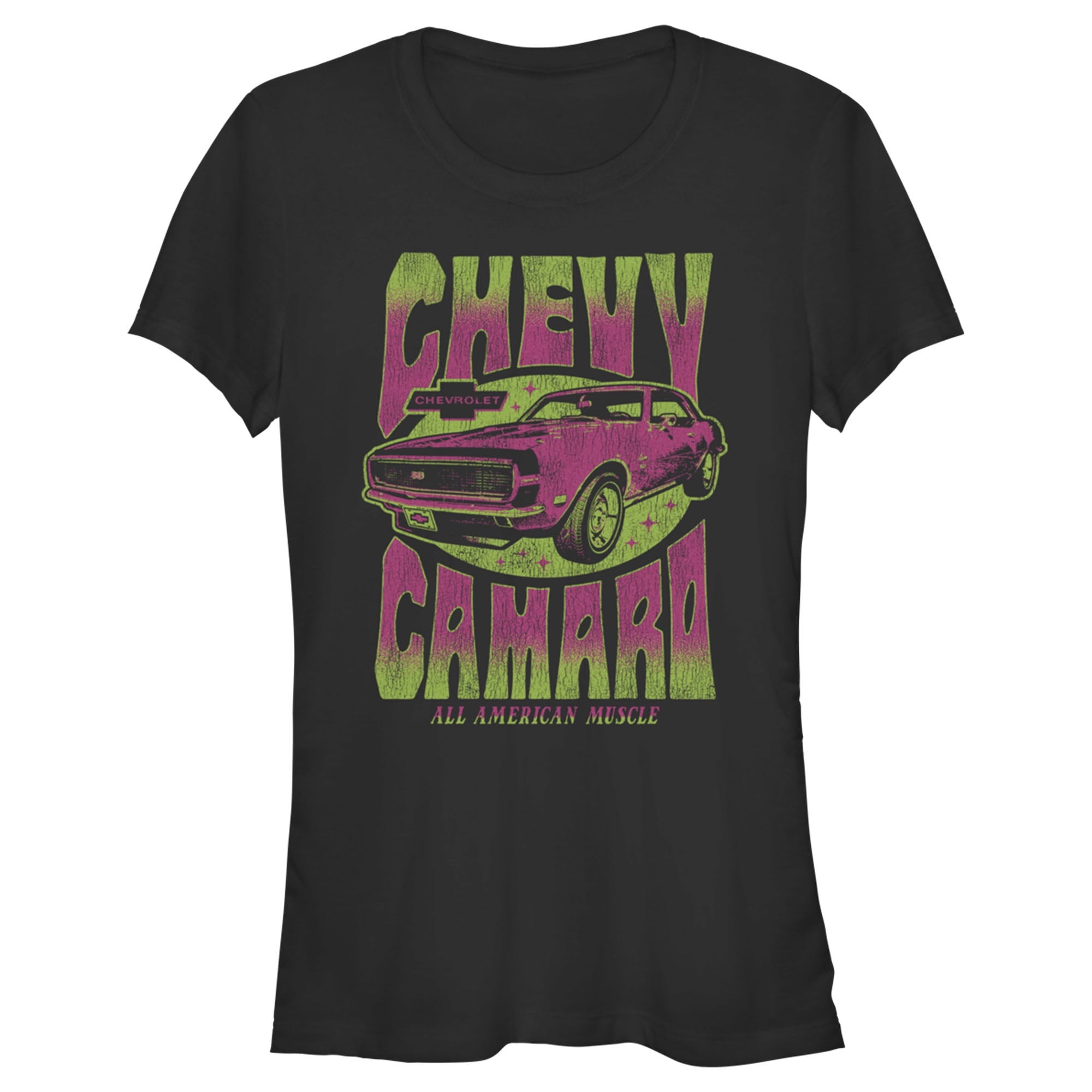 Junior's General Motors Retro Pink and Green Chevy Camaro Graphic Tee ...