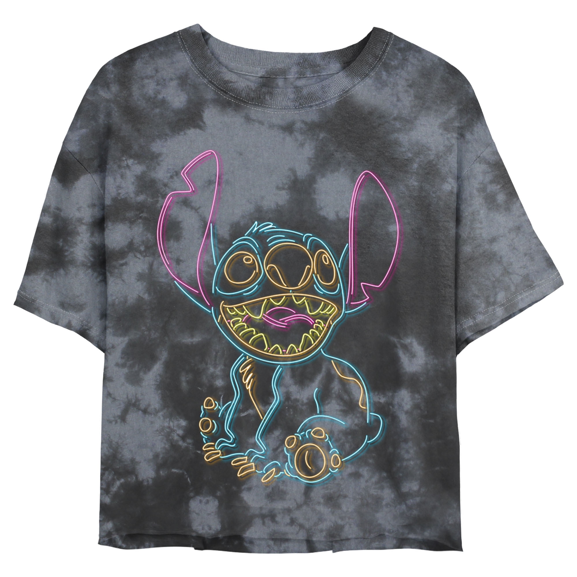 Junior's Lilo & Stitch Bright Neon Outline Graphic Crop T-Shirt Black ...