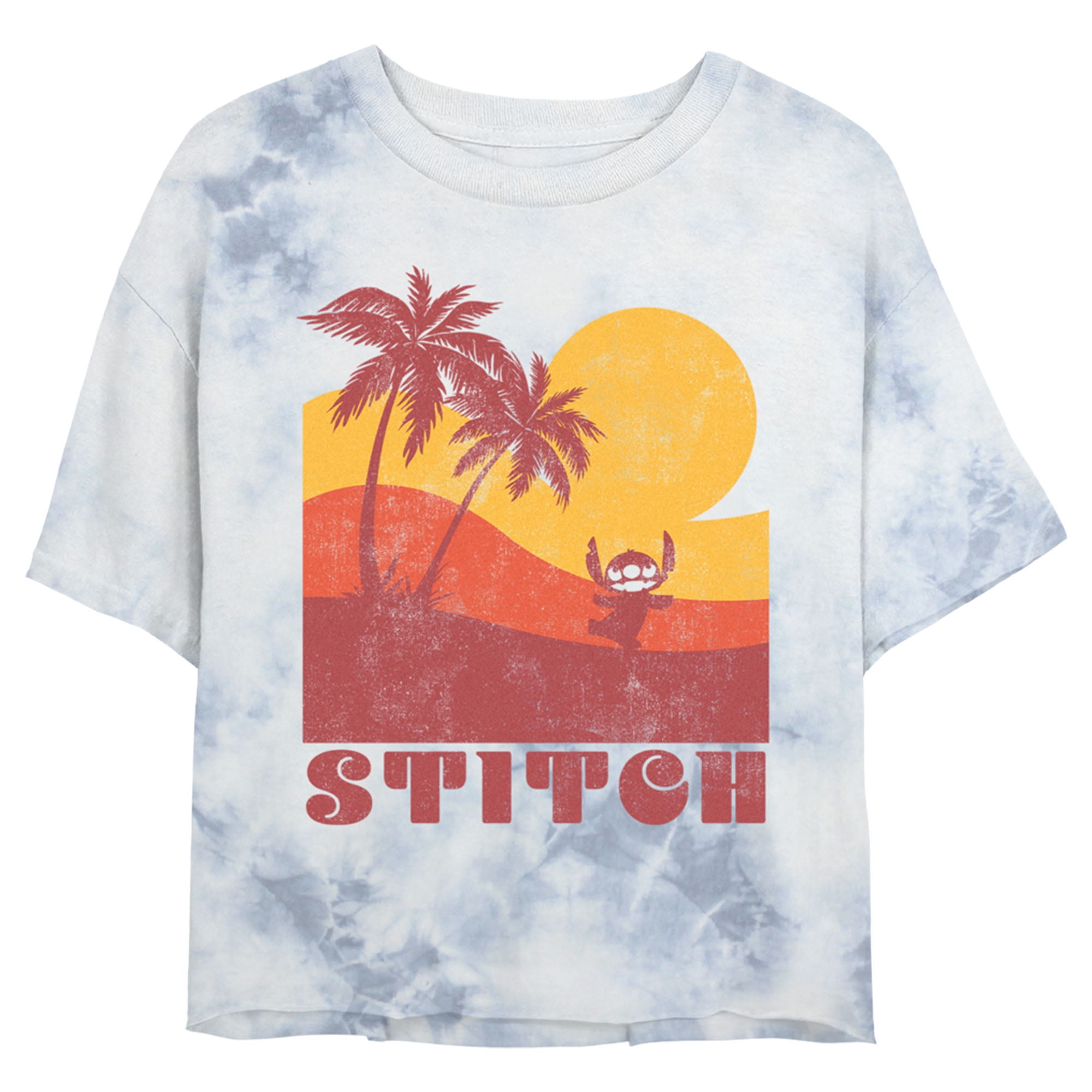 Junior's Lilo & Stitch Colorblock Sunset Stitch Crop Graphic Tee White ...