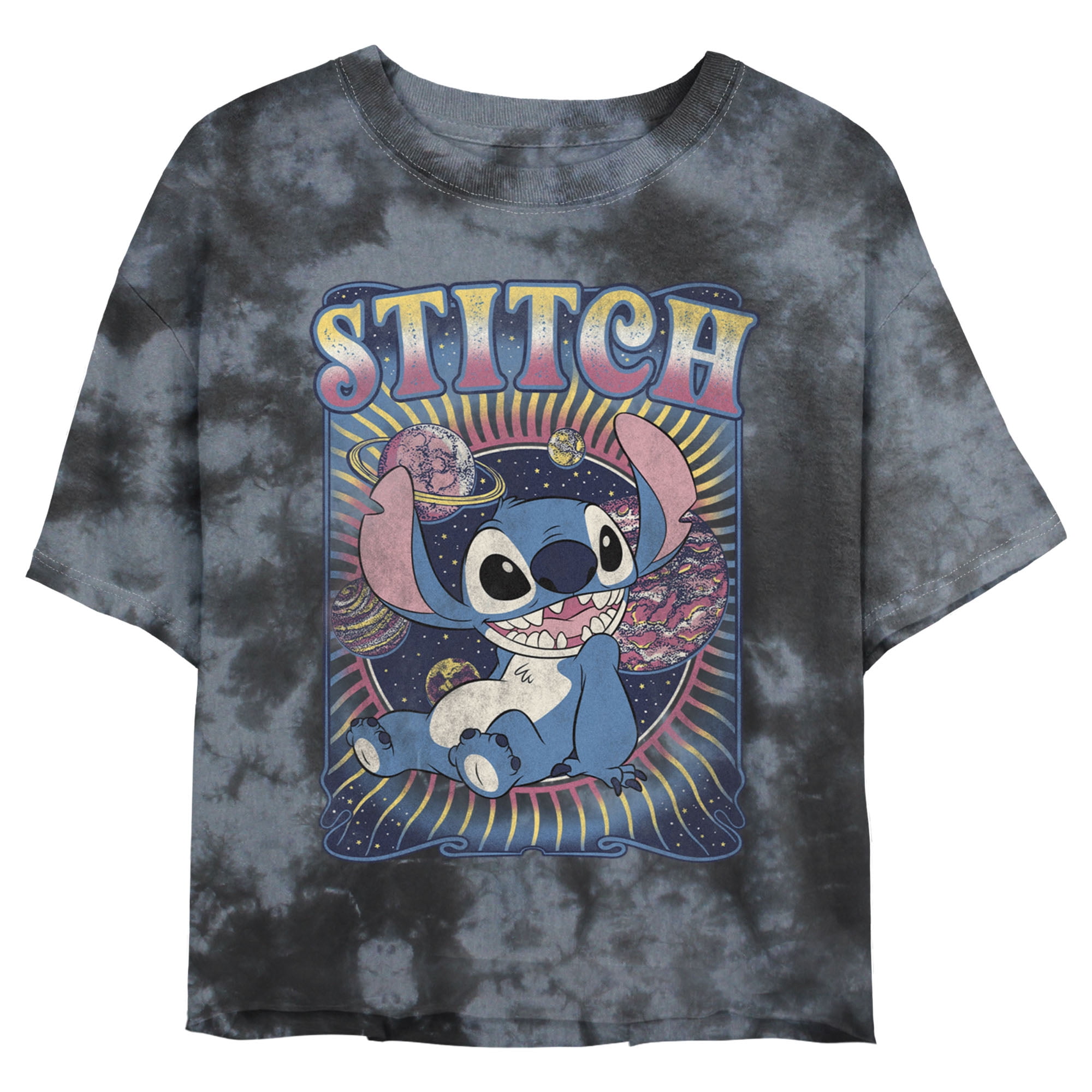 Junior's Lilo & Stitch Distressed Groovy Planets Stitch Graphic Crop T ...
