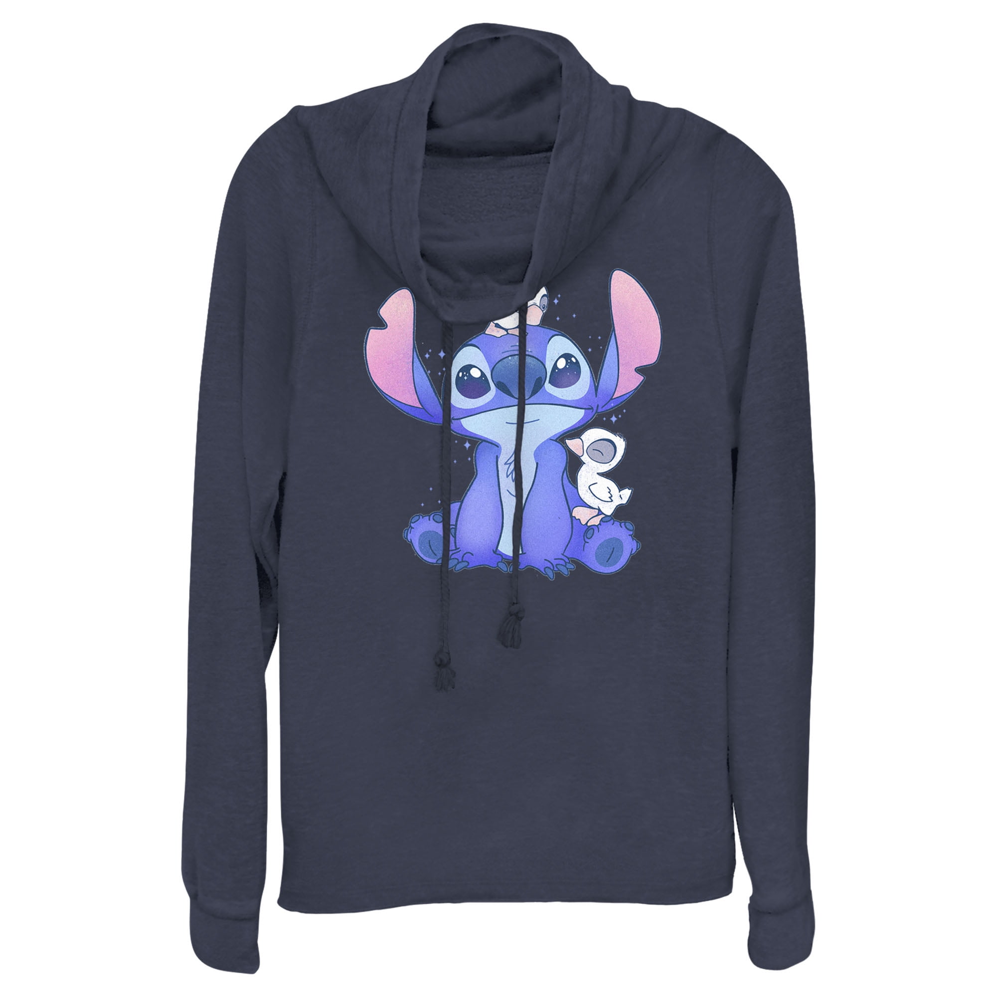 Junior's Lilo & Stitch Hanging with Ducks Cowl Neck Sweatshirt Navy ...