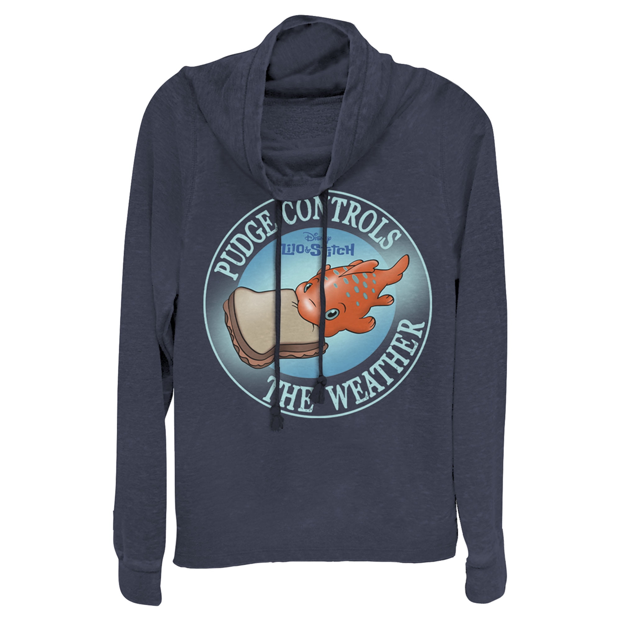 Junior's Lilo & Stitch Pudge Controls the Weather Cowl Neck Sweatshirt ...