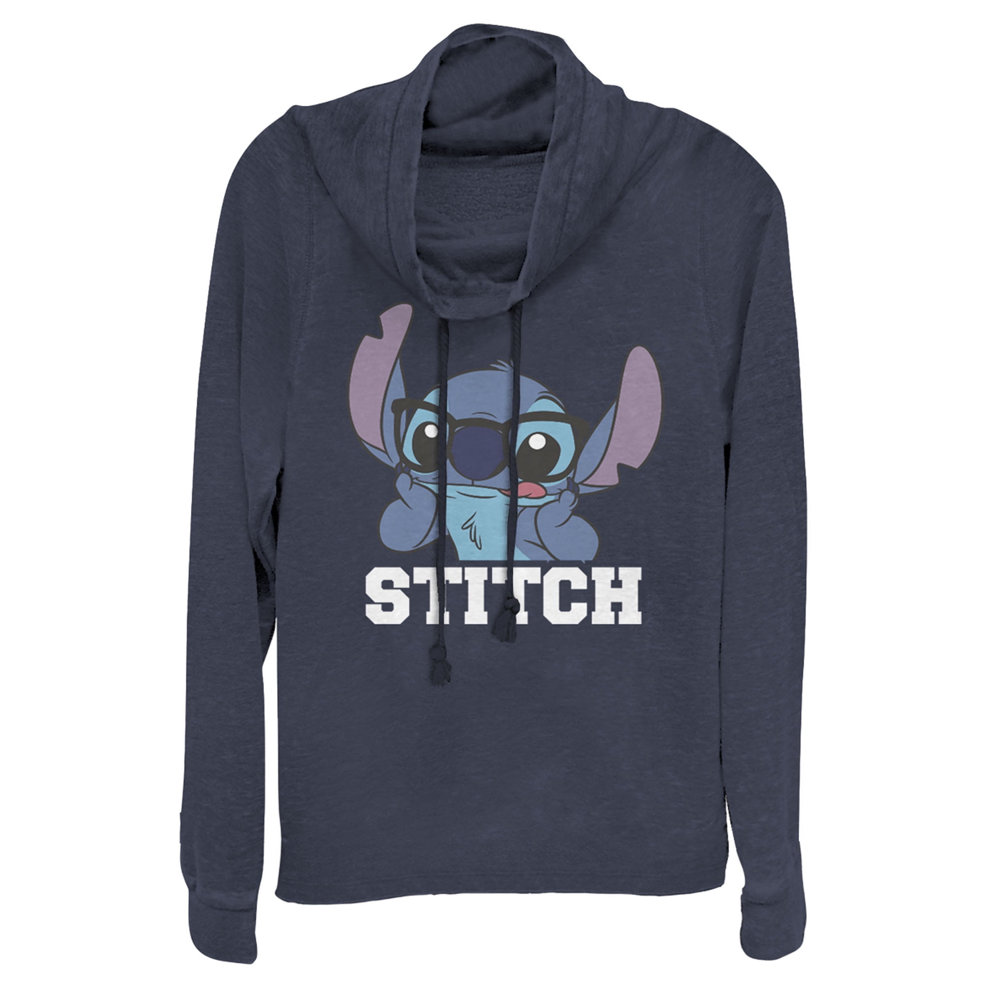 Junior's Lilo & Stitch Silly Black Glasses Cowl Neck Sweatshirt Navy ...