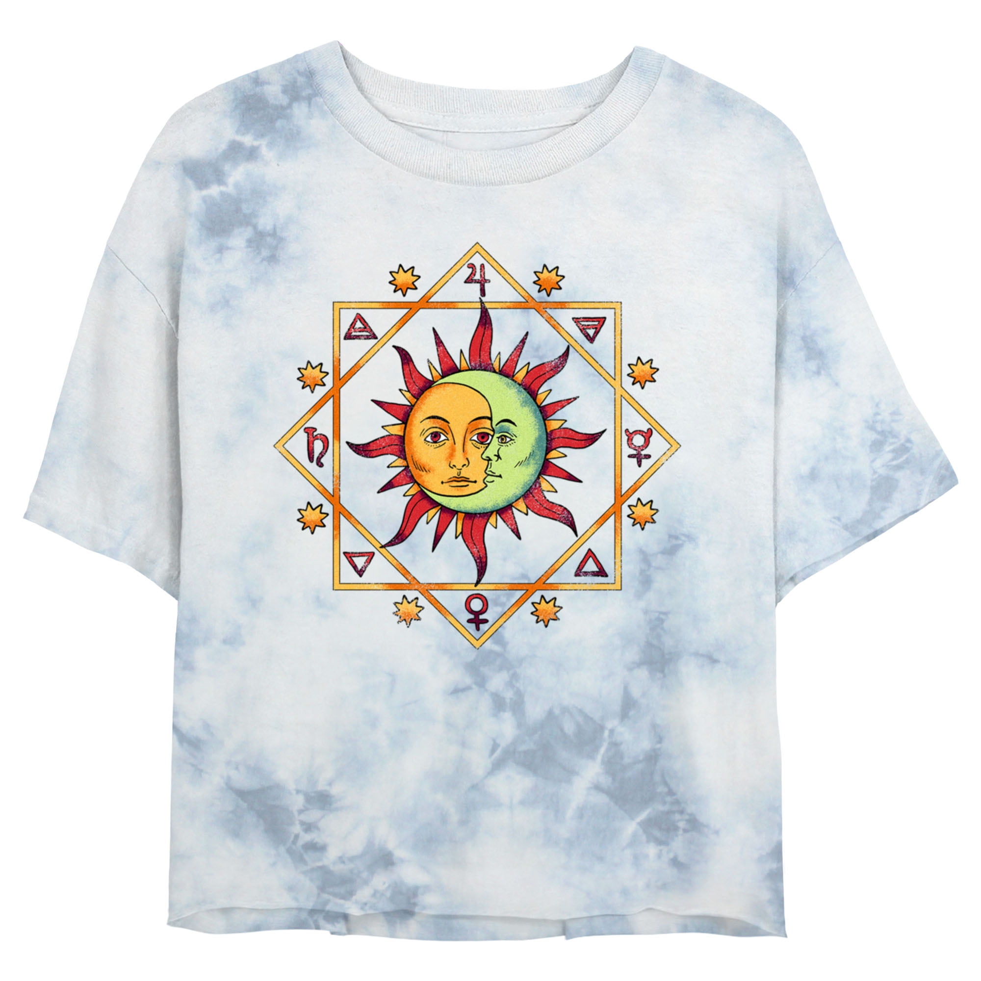 Junior's Lost Gods Celestial Moon Sun Face Crop Graphic Tee White/Blue ...