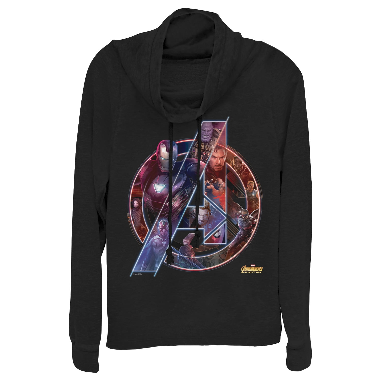 Junior's Marvel Avengers: Infinity War Logo Cowl Neck Sweatshirt Black ...