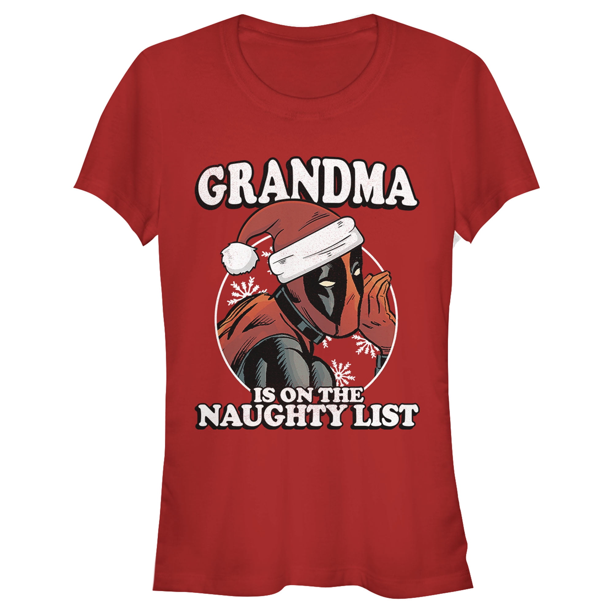 Junior's Marvel Christmas Deadpool Grandma on Naughty List Graphic Tee ...