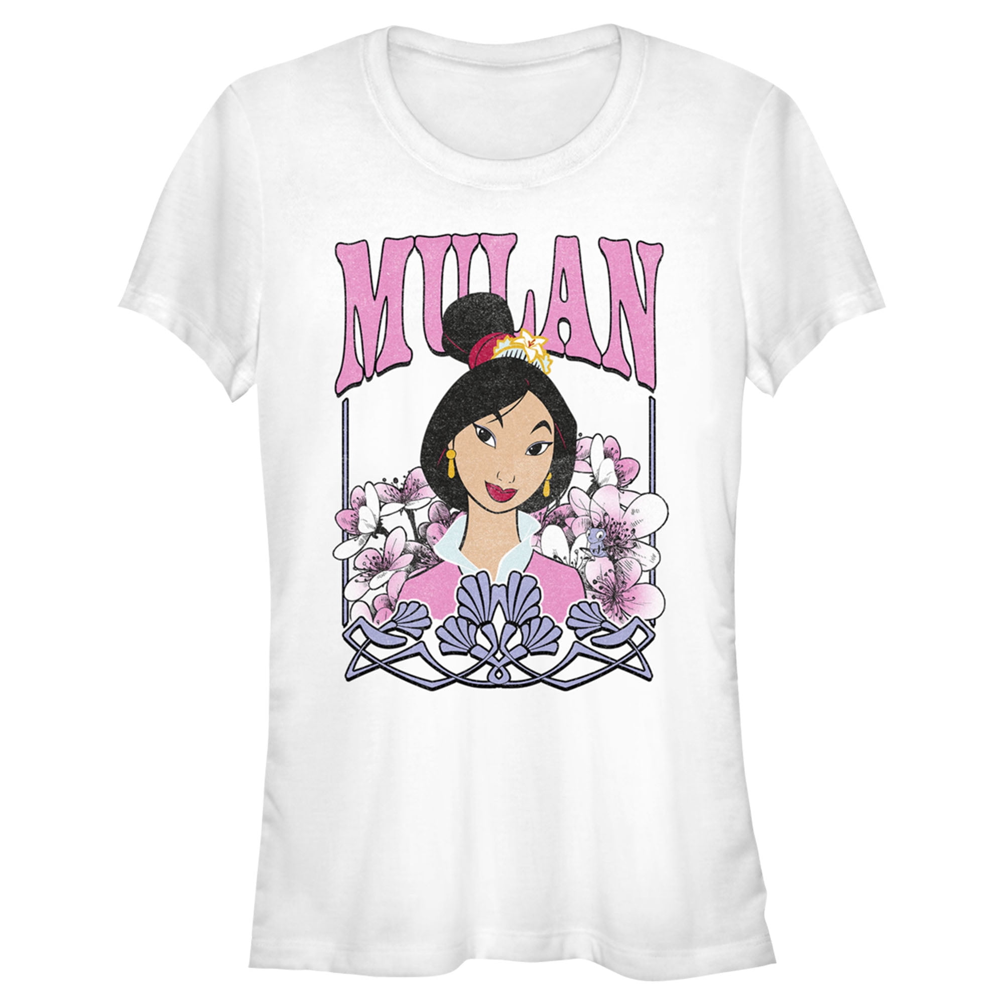 Junior's Mulan Distressed Floral Portrait Graphic Tee White Large ...
