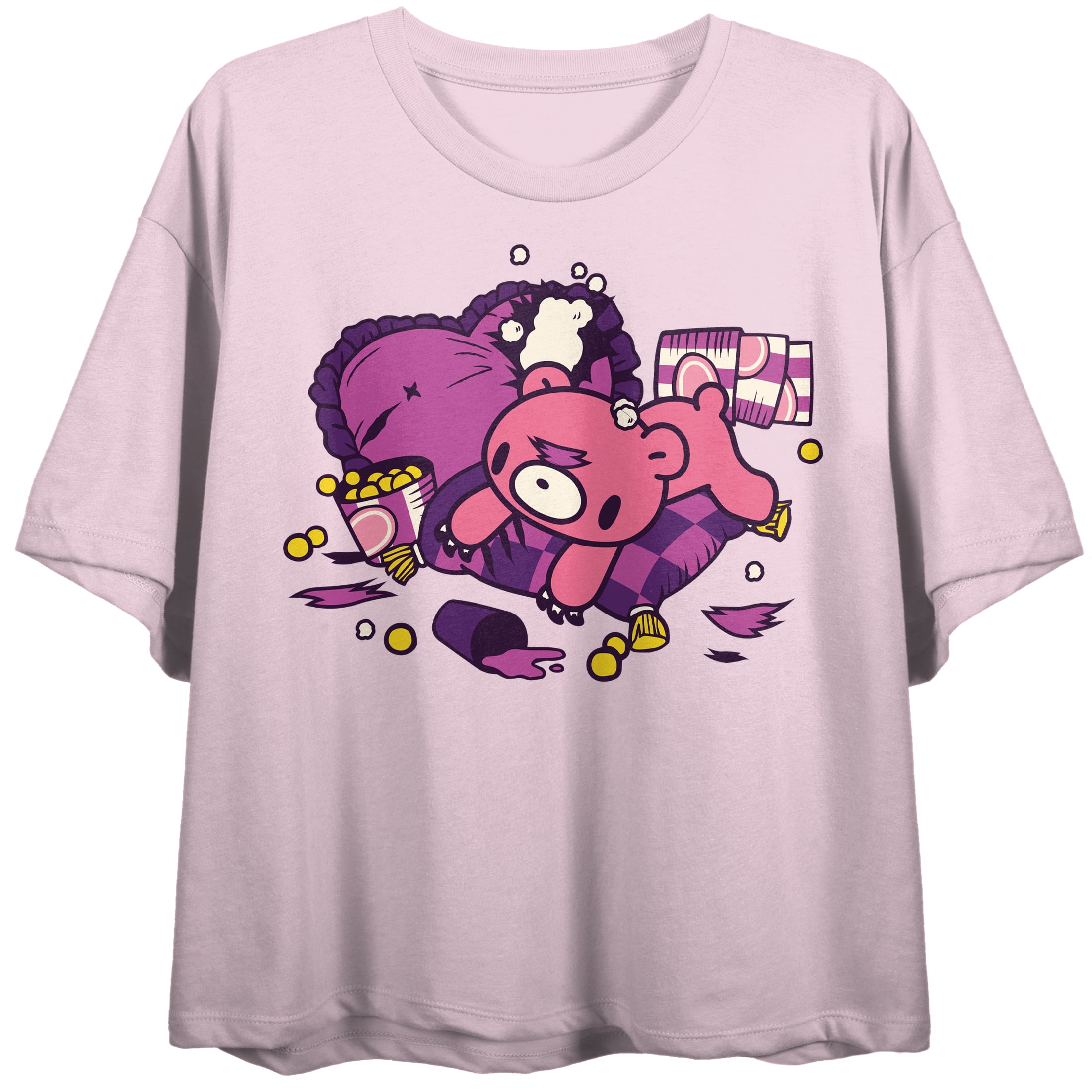 Gloomy Bear on purple Hear checkered bed with messy popcorn and drinks ...