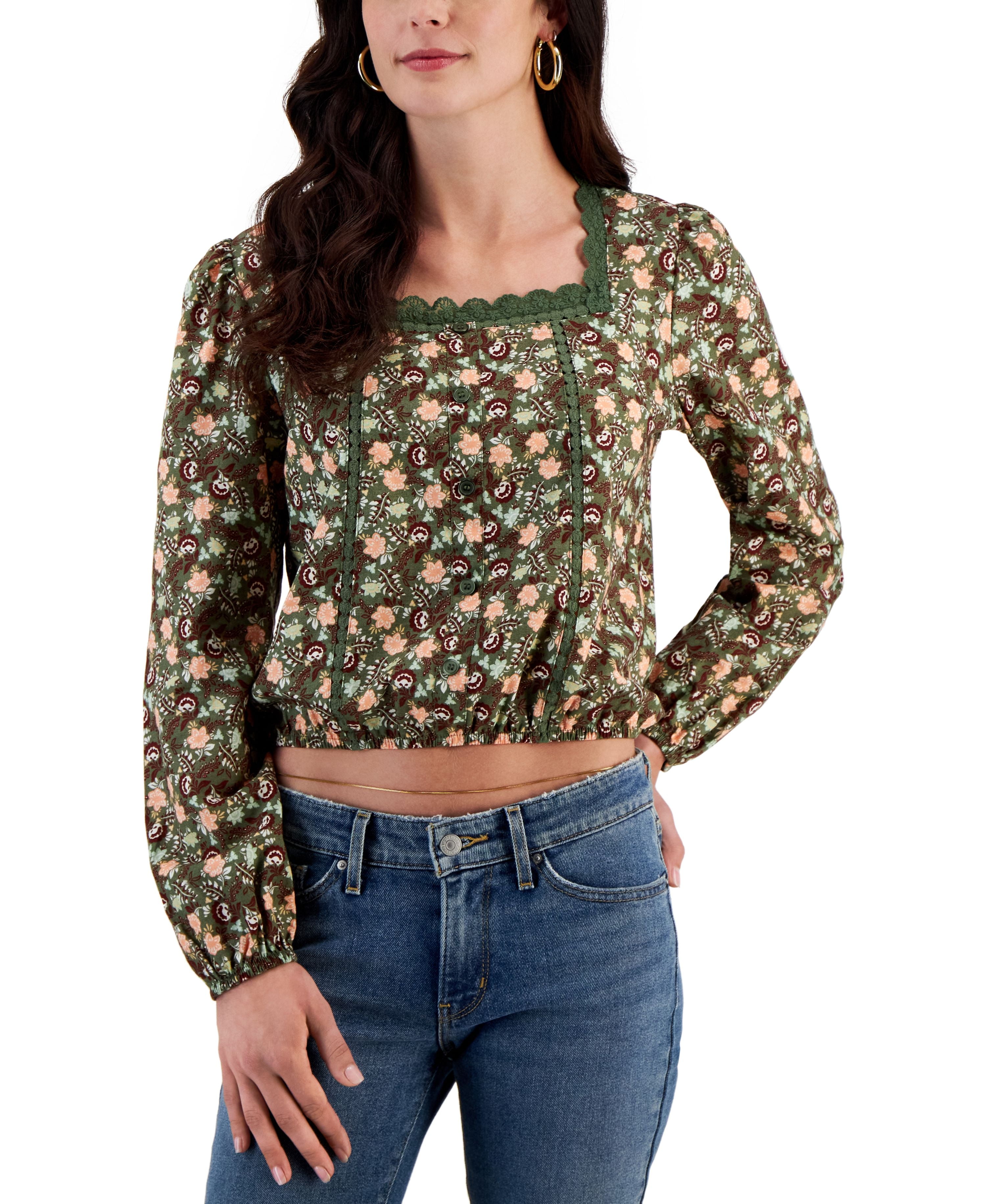 Juniors' Lace-Trimmed Square-Neck Top Deep Lichen Green XL - Walmart.com