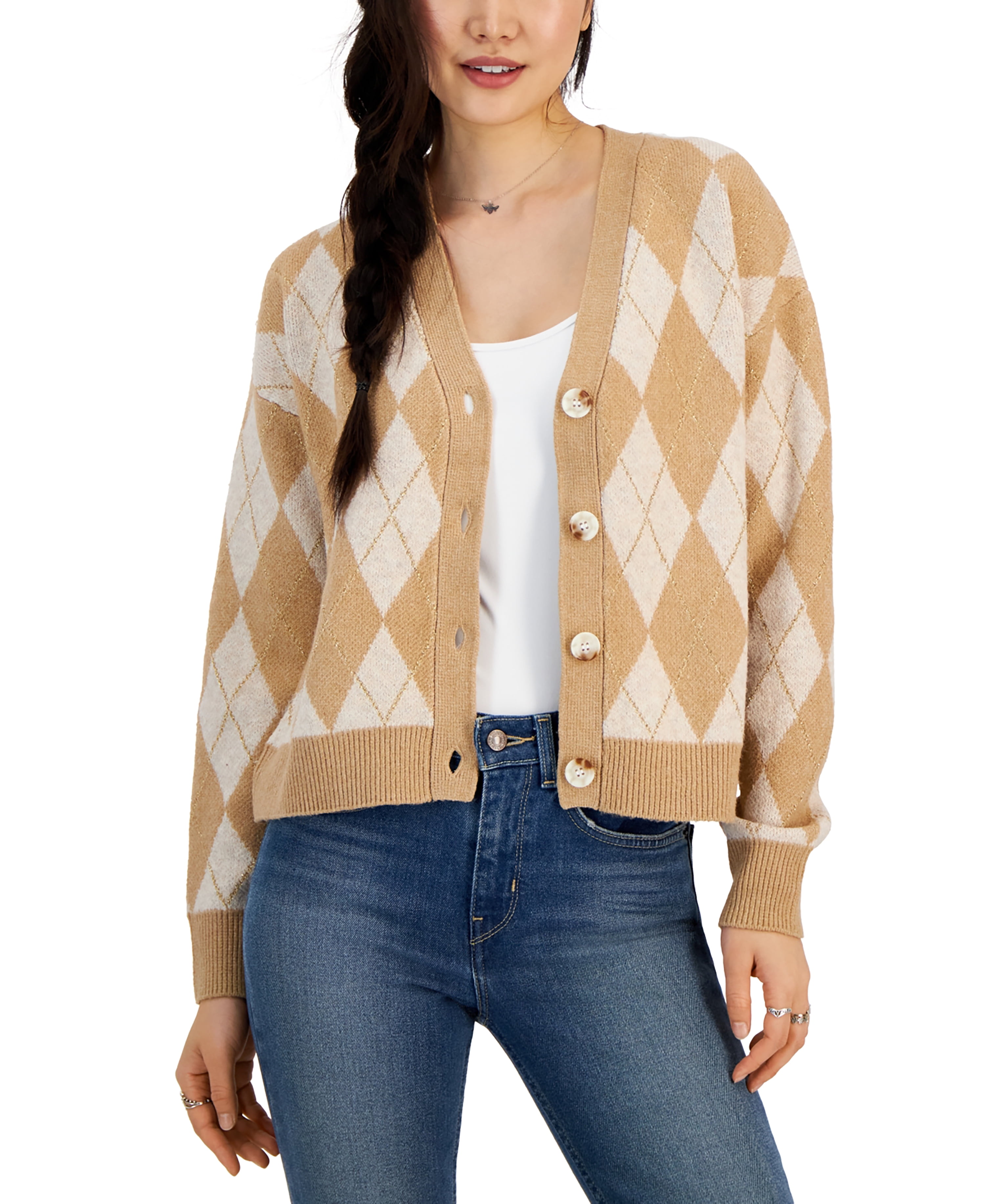 Juniors' Metallic Argyle V-Neck Cardigan Khaki,oatmeal S - Walmart.com