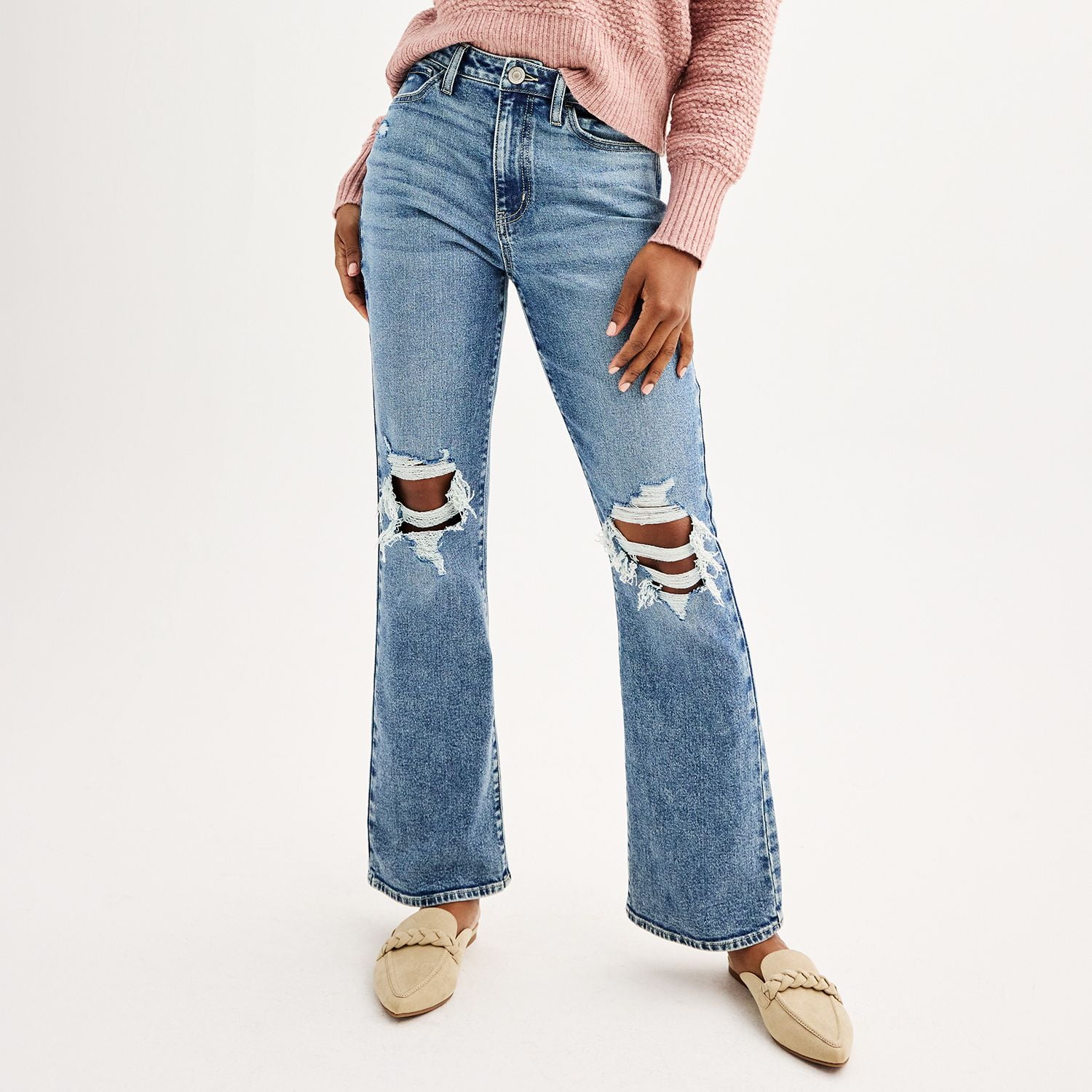Juniors' SO® High-Rise '90s Bootcut Jeans Color: Medium Destructed Size ...