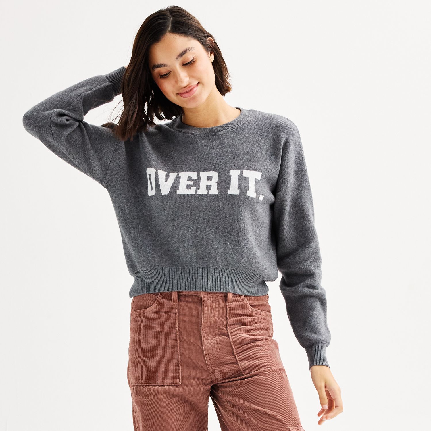Juniors' SO® Long Sleeve Verbiage Crewneck Pullover Color: Grey Over It ...