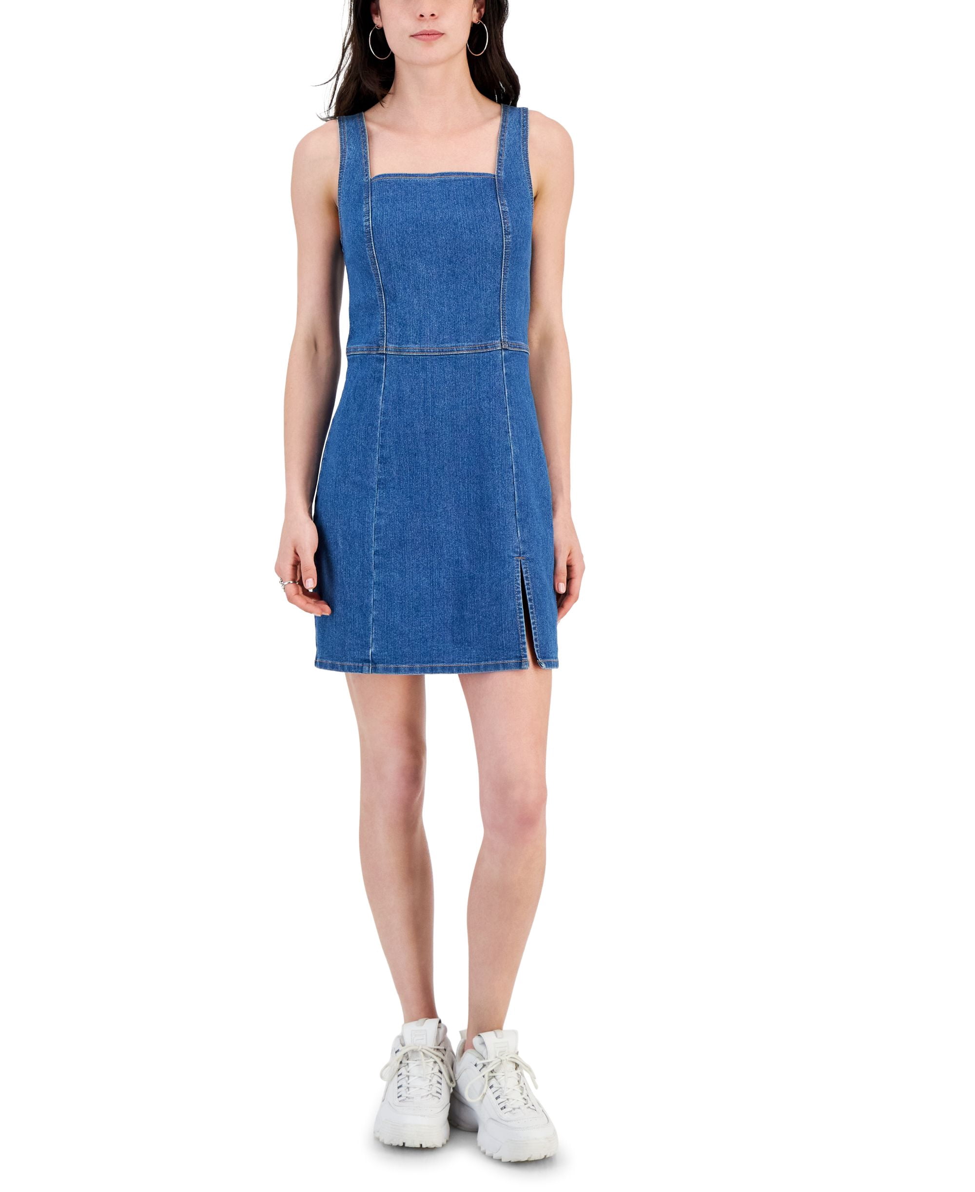 Juniors' Square-Neck Seamed Slit-Front Denim Dress Medium Wash L ...