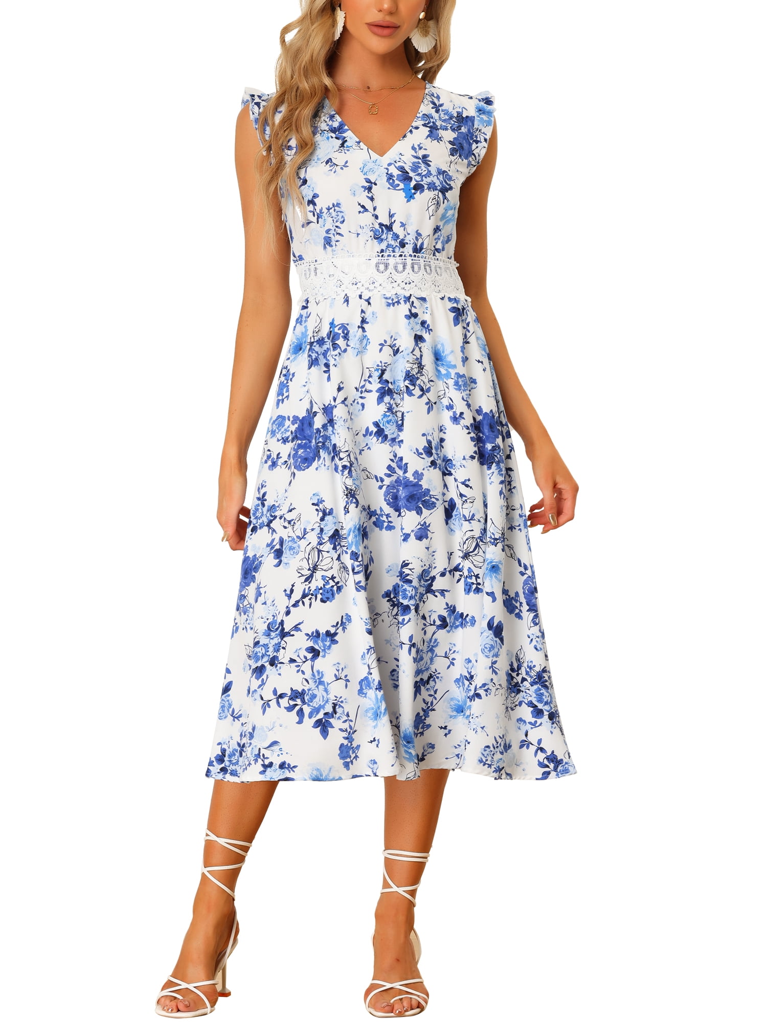 Juniors Summer Boho V Neck Lace Insert Waist Midi Floral Sundress ...