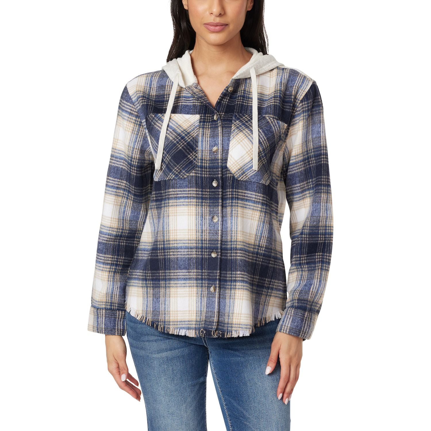 Juniors' WallFlower Flannel Hooded Shacket Color: Navy And Cream Plaid ...