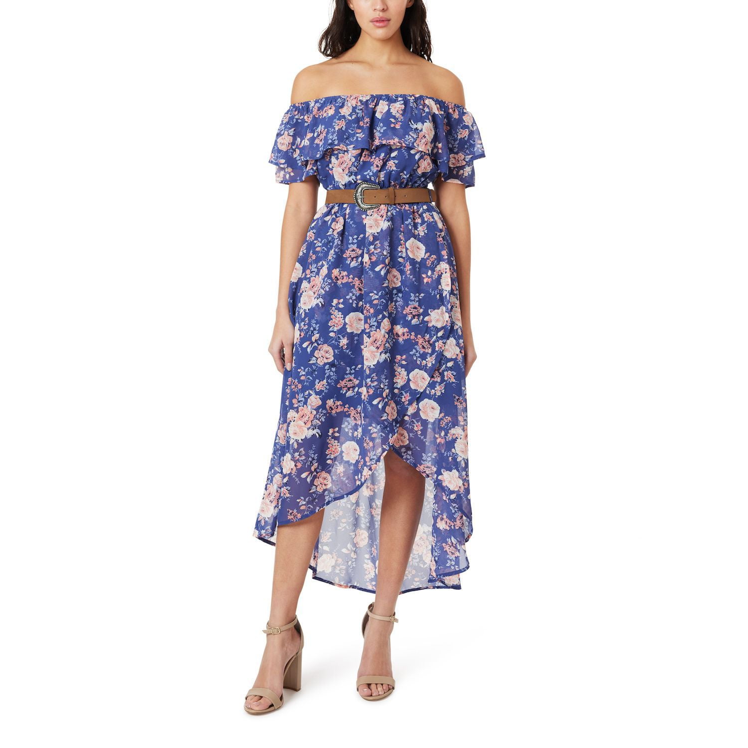 Juniors' WallFlower Off the Shoulder High-Low Hem Belted Maxi Dress ...