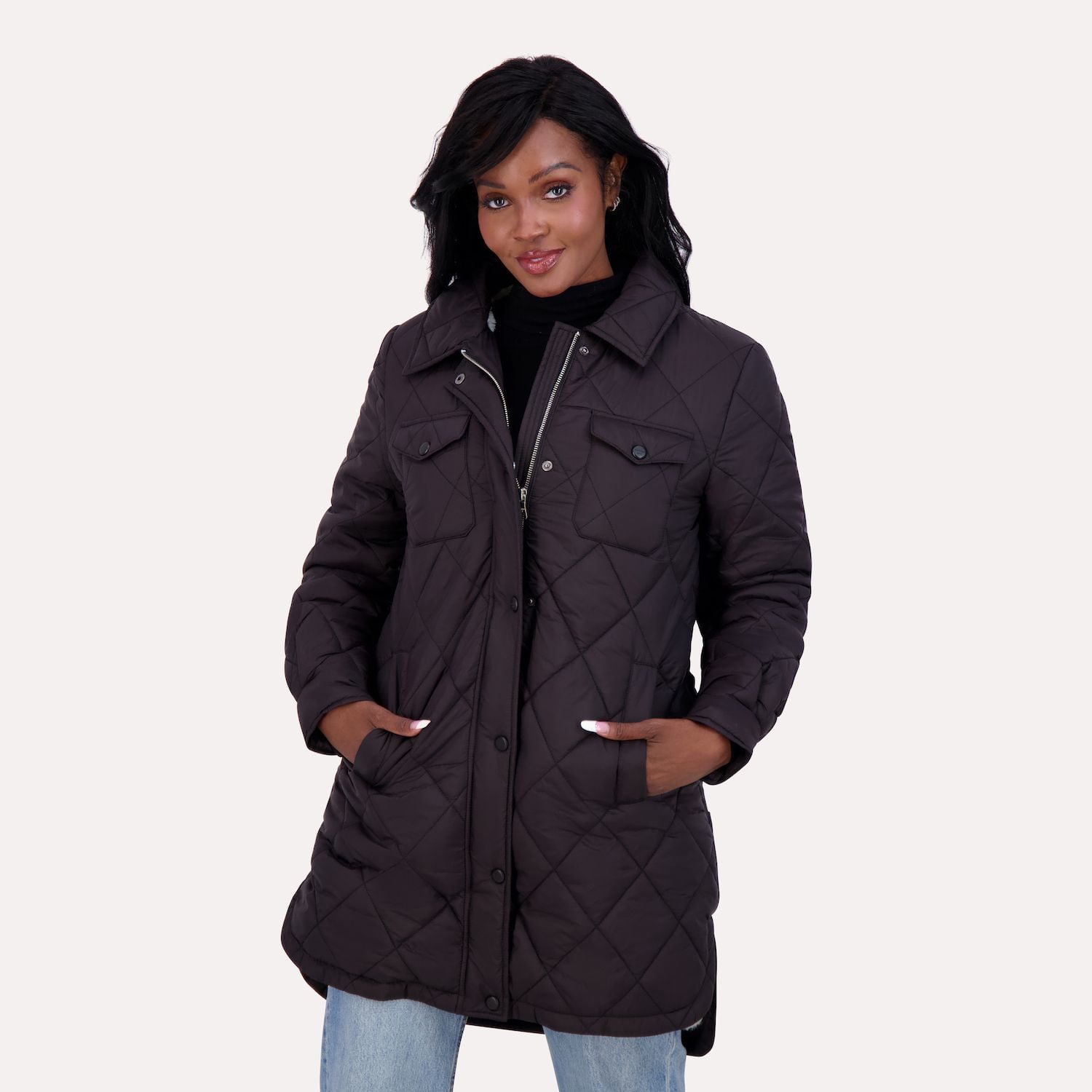 Juniors' madden girl Faux Fur Lined Quilted Shacket Color: Black Size ...