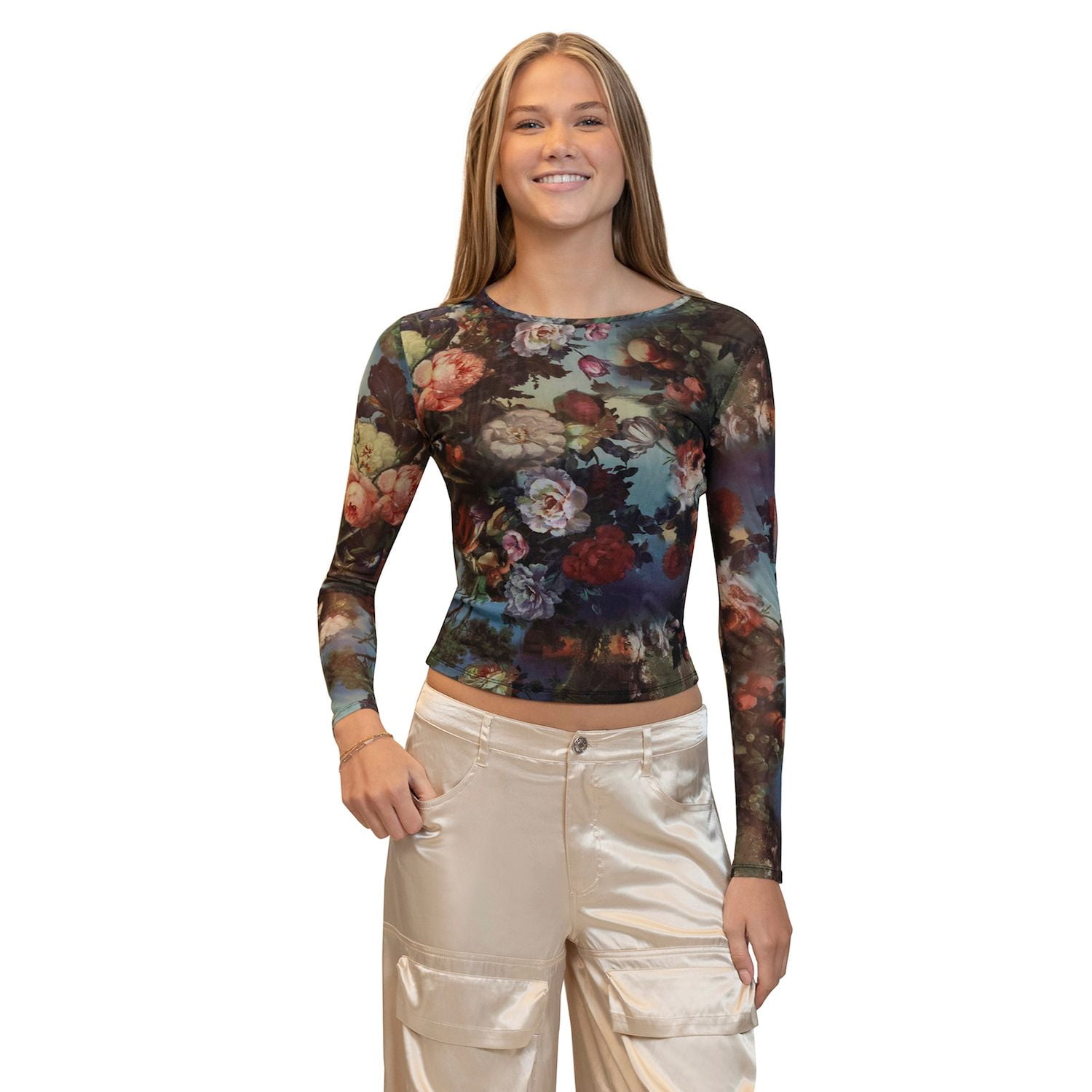 Juniors' madden girl Long Sleeve Mesh Top Color: Teal Floral Combo Size ...