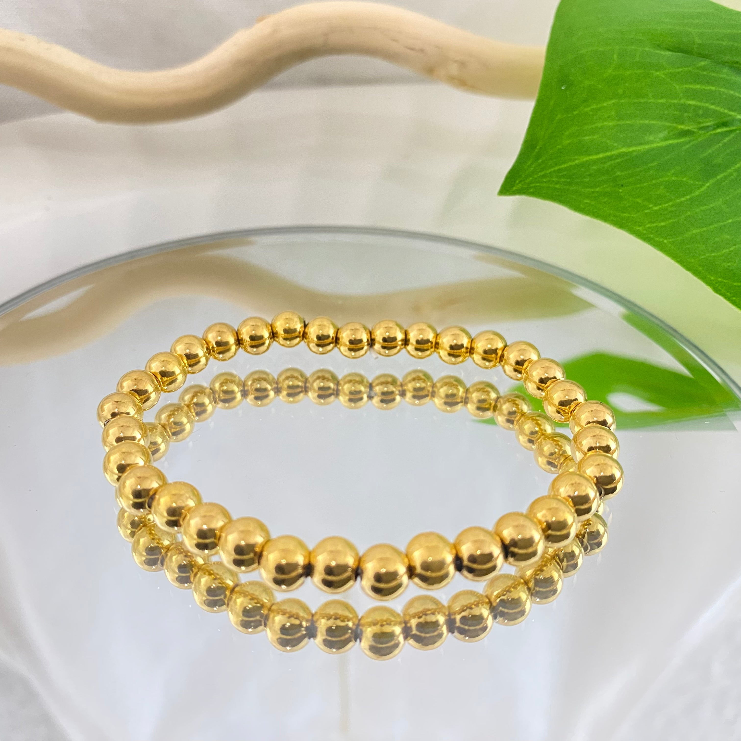Juniper Treasures Gold Beaded Bracelets for Women 18K Yellow Gold Plated Stainless Steel Stretch ...