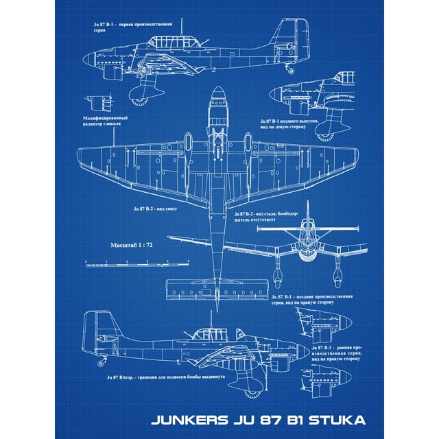 Junkers Ju 87 B1 Stuka Aircraft Plane Blueprint Plan Extra Large XL ...
