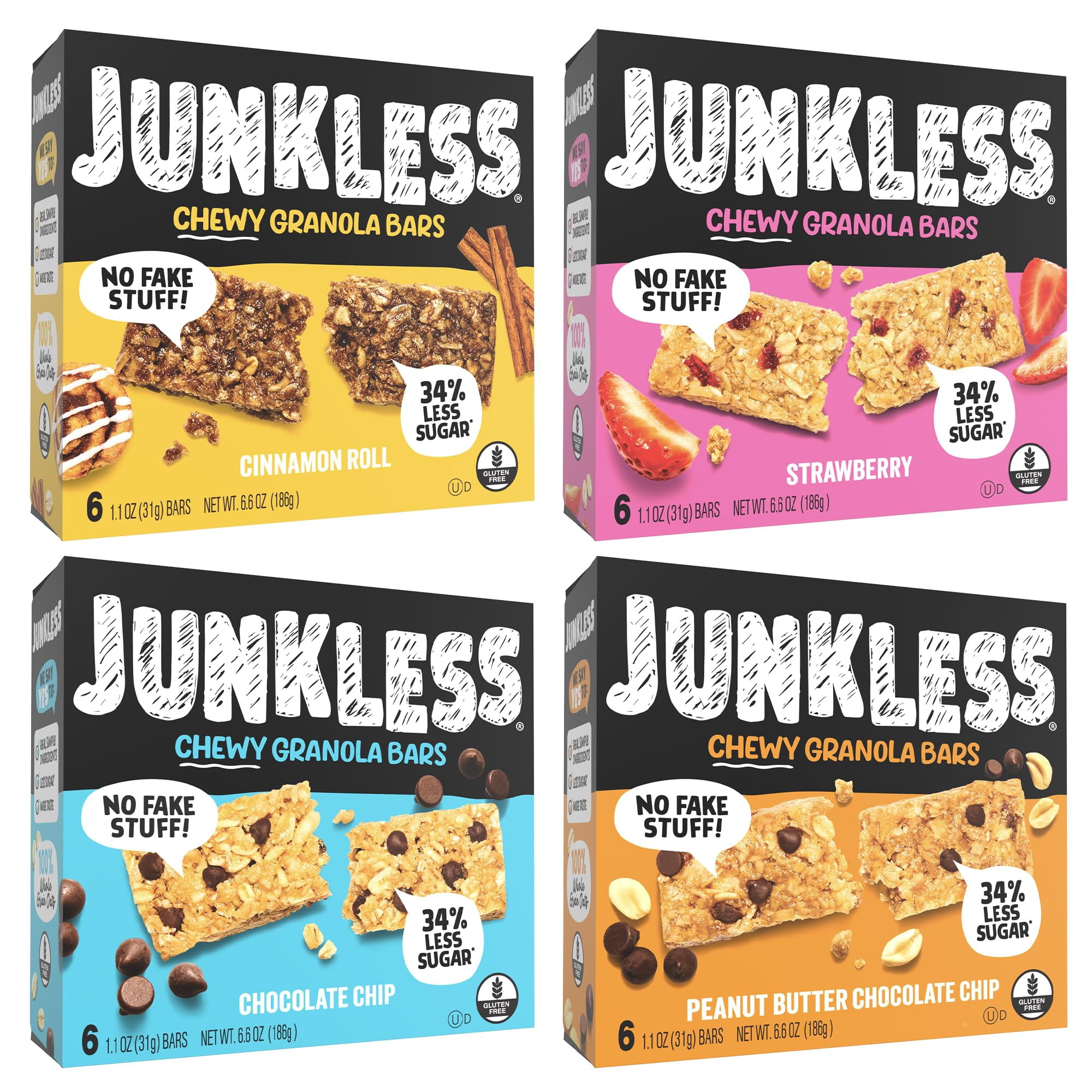 Junkless Chewy Granola Bar 4-Flavor Variety SMRPack - Less Sugar, Great ...