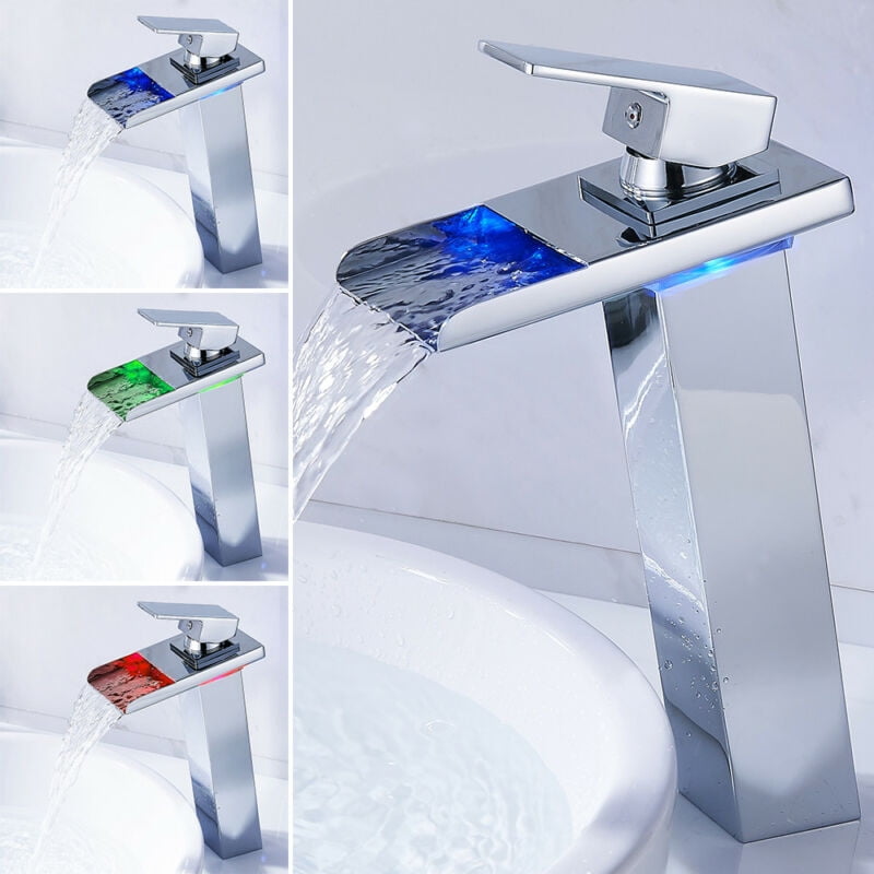Juno 46CM Chrome Finish Brass Body Waterfall LED Bathroom Sink Faucet ...