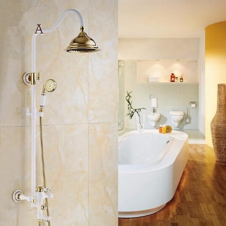 Juno Beautiful White Gold Wall Mount Shower Faucet with Hand-Held ...