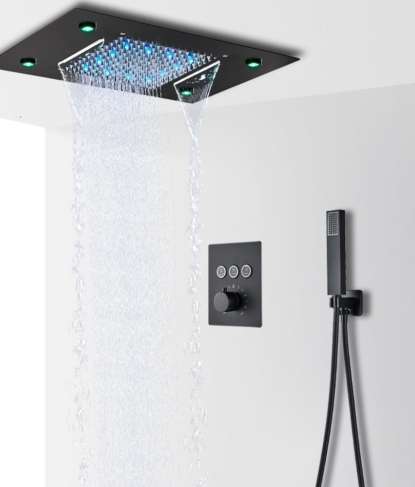 Juno Black Ceiling Mount Thermostatic Rainfall/Waterfall Shower Head ...
