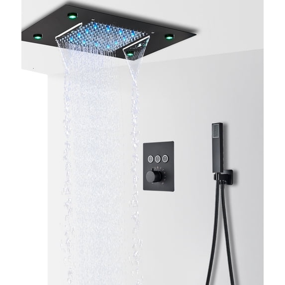 Juno Black Ceiling Mount Thermostatic Rainfall/Waterfall Shower Head ...