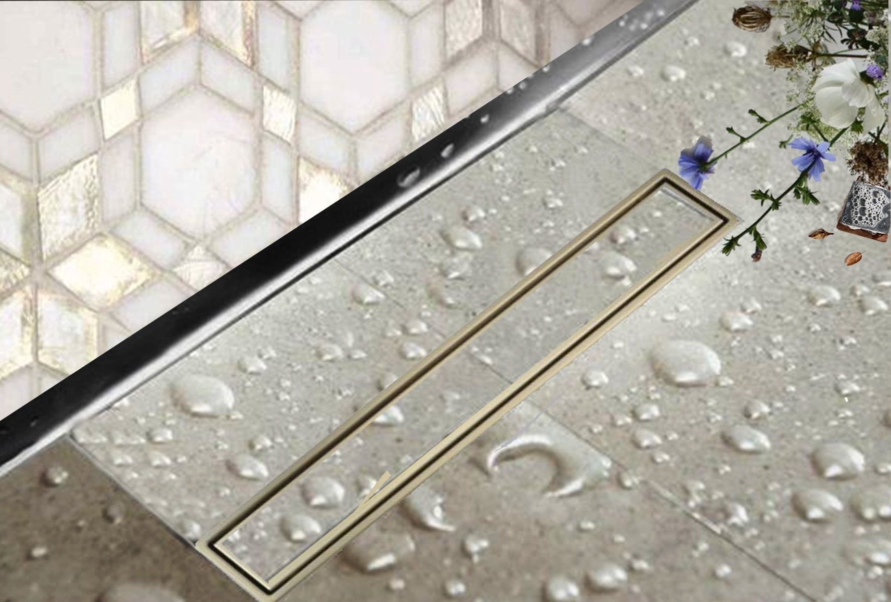 Juno Brushed Gold 12 inches Long Linear Concealed Floor Drain System ...