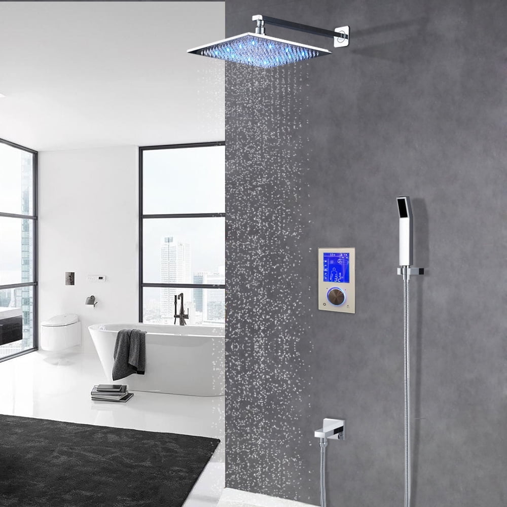 Juno Color Changing LED Shower Head Set With Wall Mount Digital Display ...
