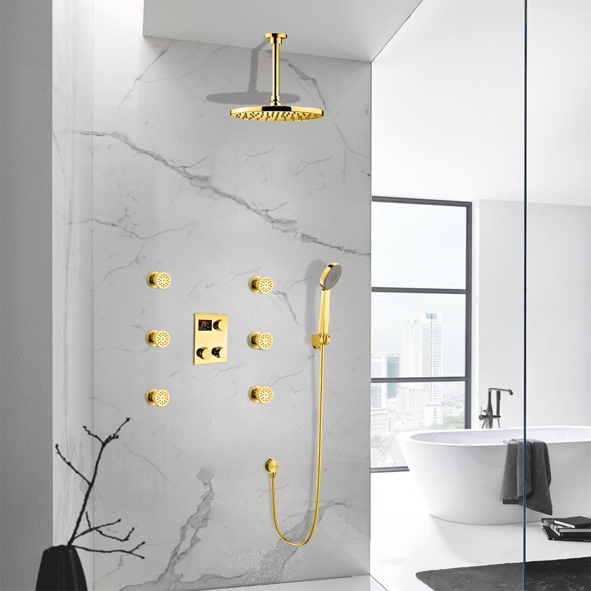 Juno Gold Finish Luxury Digital Display Shower System Ceiling Mount ...